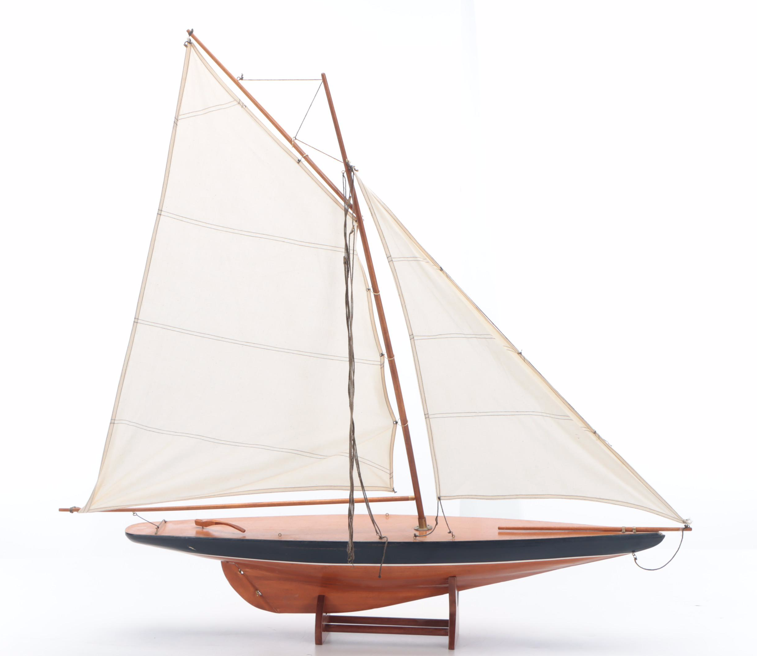 Large Hand-Built Wood and Cloth Model Sailboat with Display Stand ...