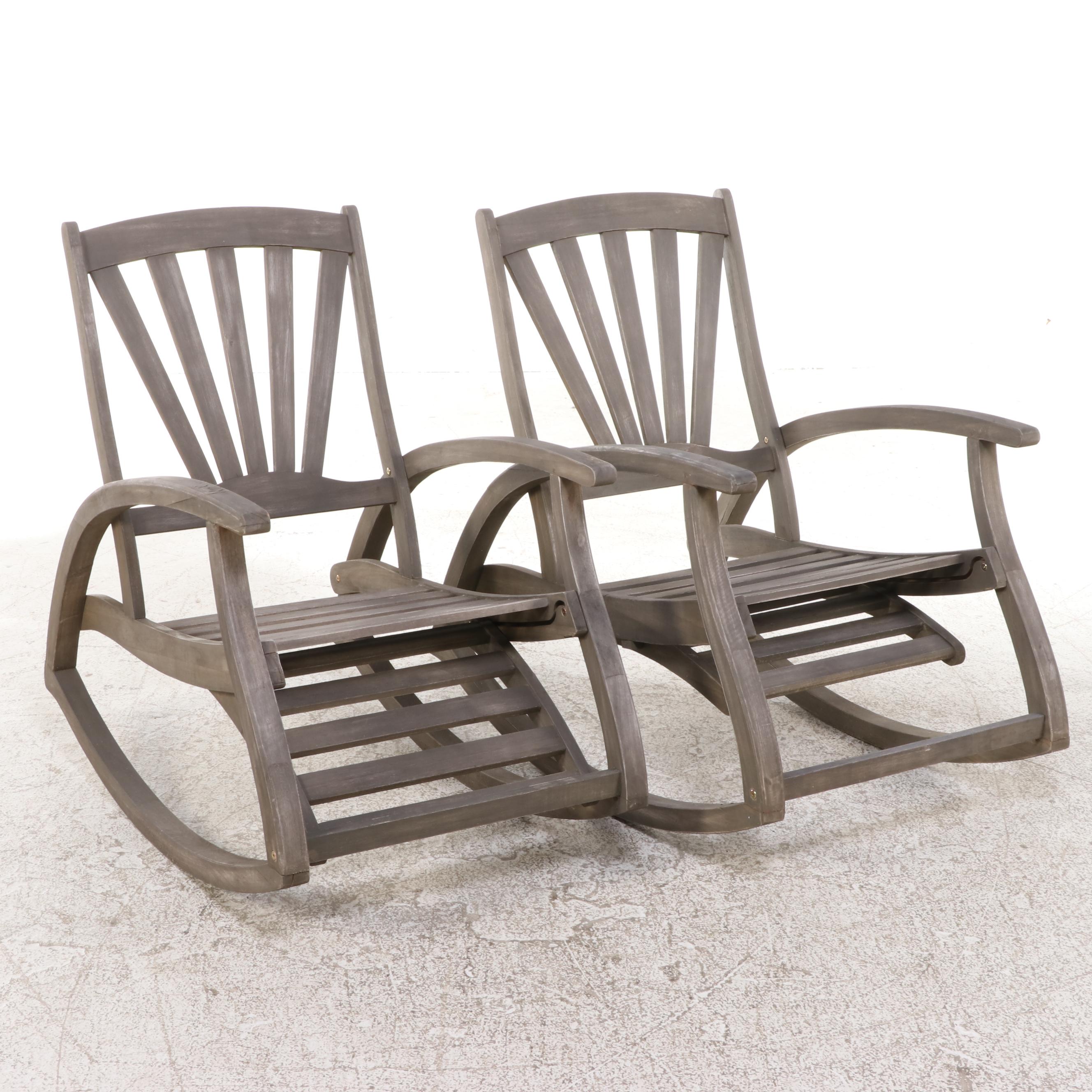 Pair of Slatted & Grey-Stained Hardwood Patio Rockers with Slide-Out ...