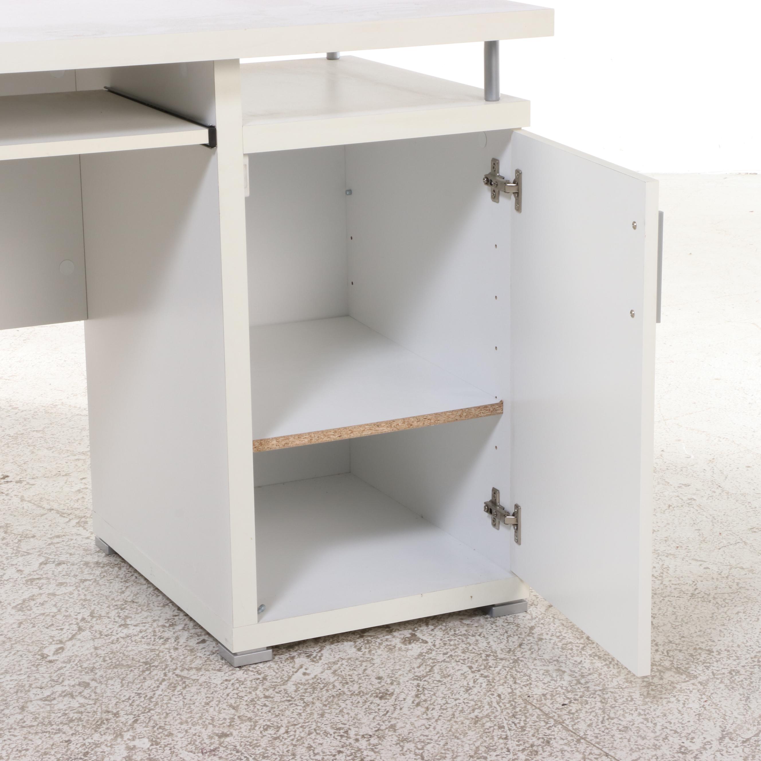 White Laminate Desk, Cream-Painted Nightstand and Upholstered Side ...