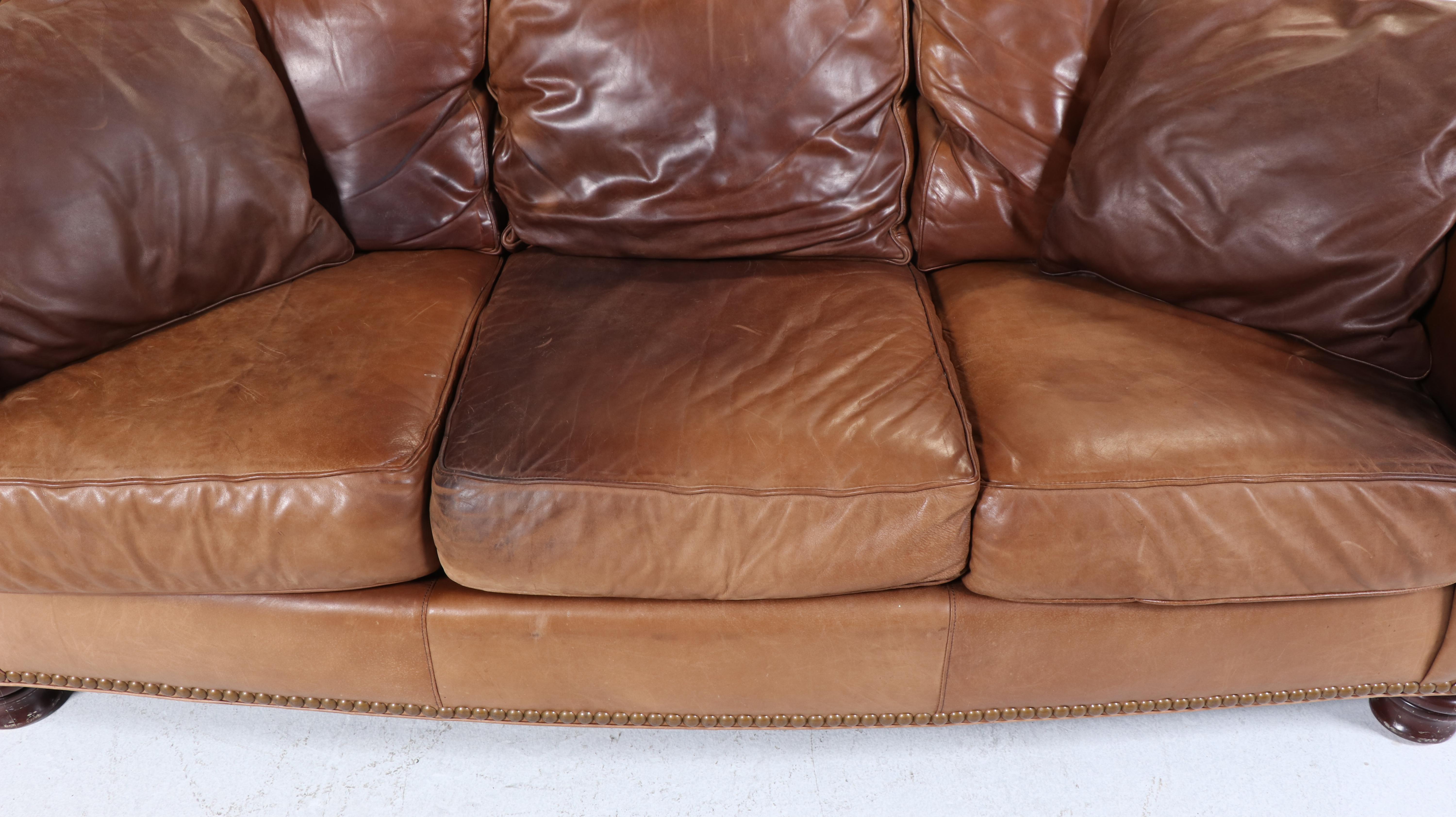 Thomasville Leather-Upholstered and Brass-Tacked Sofa | Everything But ...