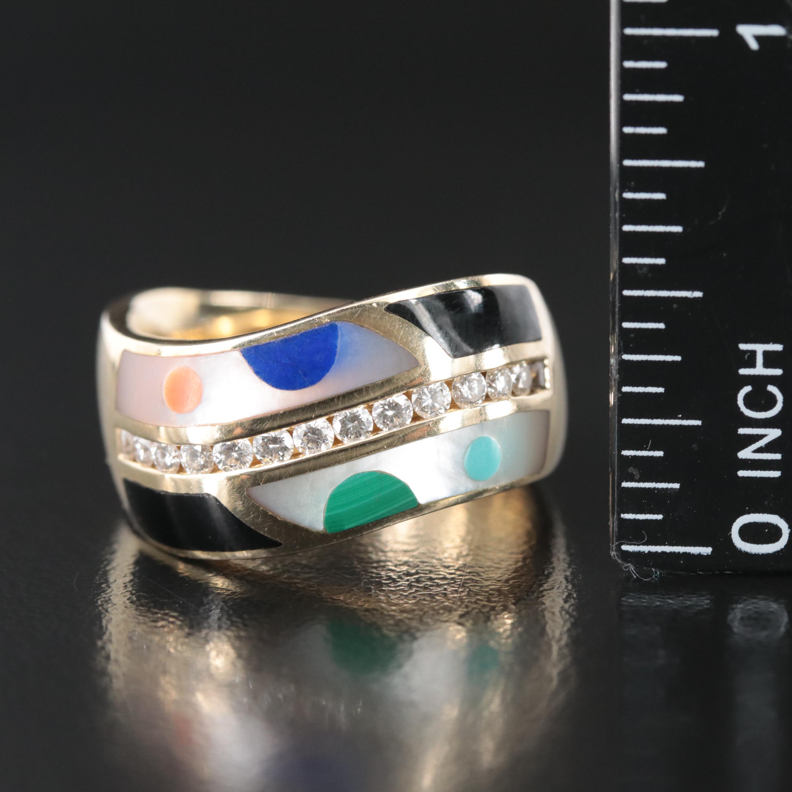 Asch Grossbardt 14K Diamond and Gemstone Inlay Wave Ring | EBTH