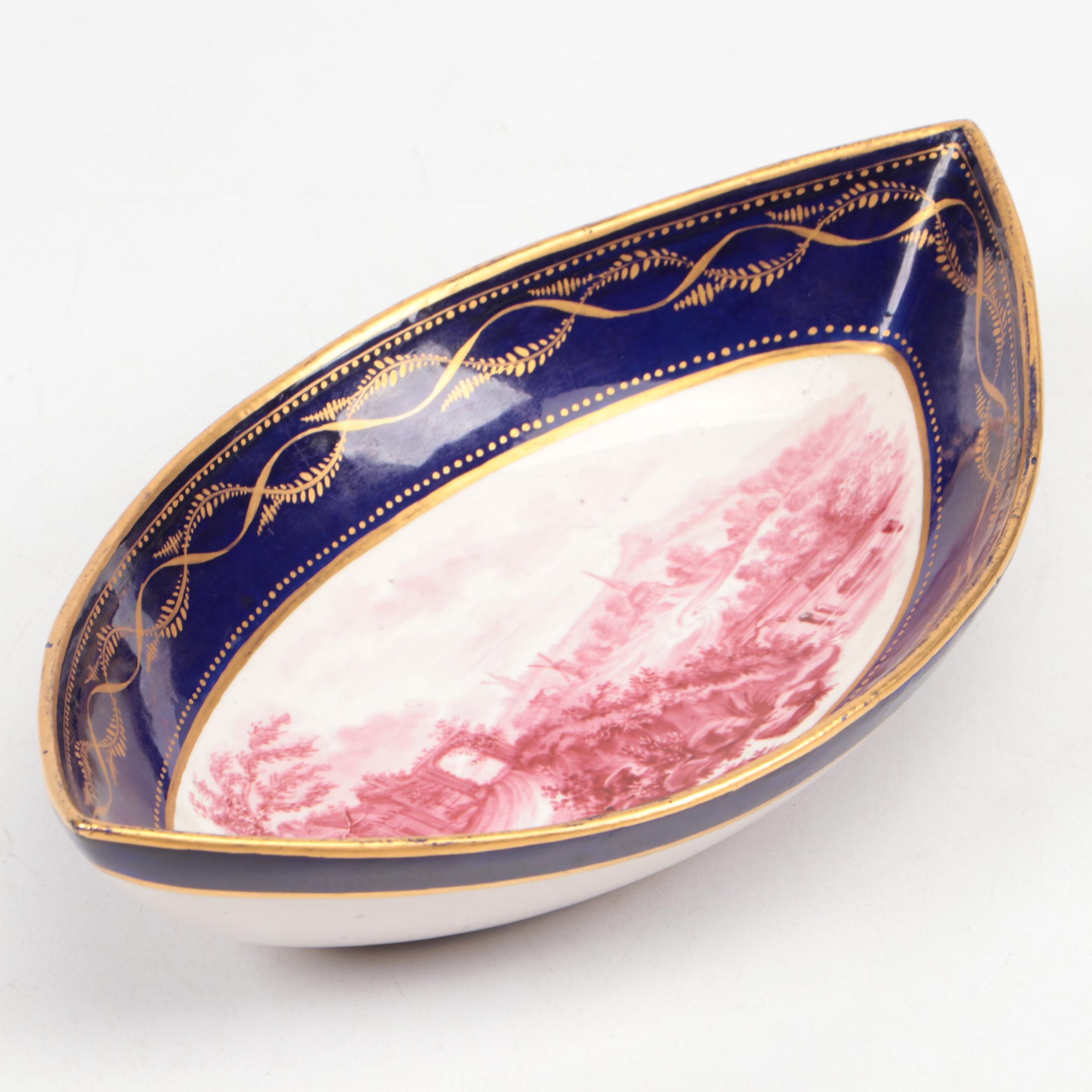 Tournai Gilt Porcelain Boat-Shaped Dish with Landscape Scene, Late 18th ...