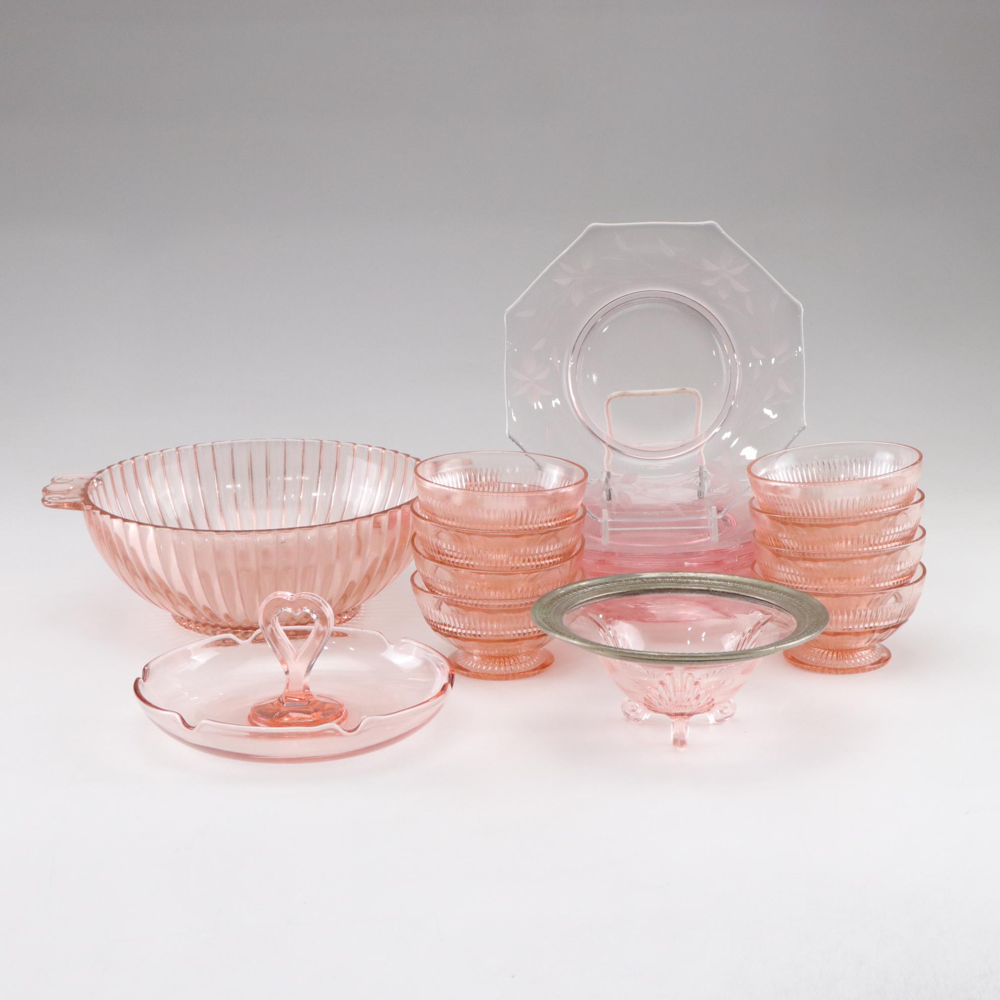 Pink Depression Glass Ribbed Serving Bowl, Footed Bowls, Etched Plates ...