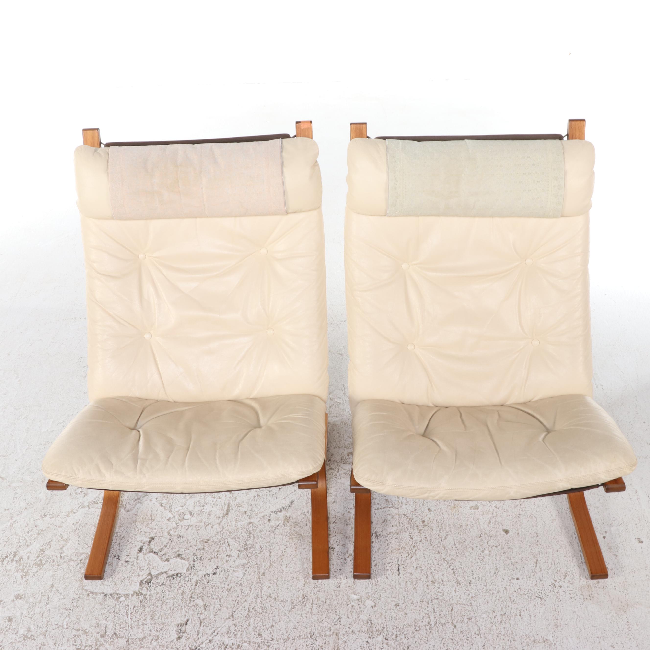Pair of Ingmar Relling Style Mid Century Modern Oak and Leather Siesta ...