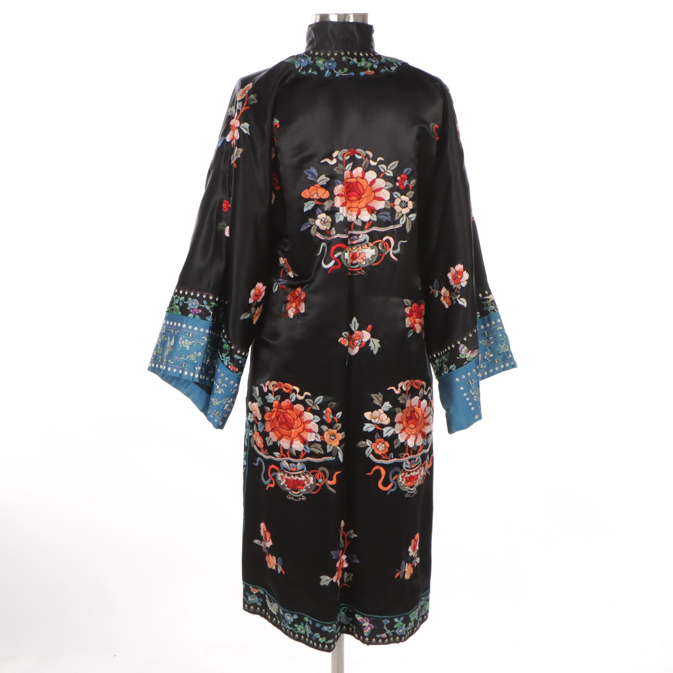 Chinese Peony Hand-Embroidered Silk Robe with Brass Buttons ...