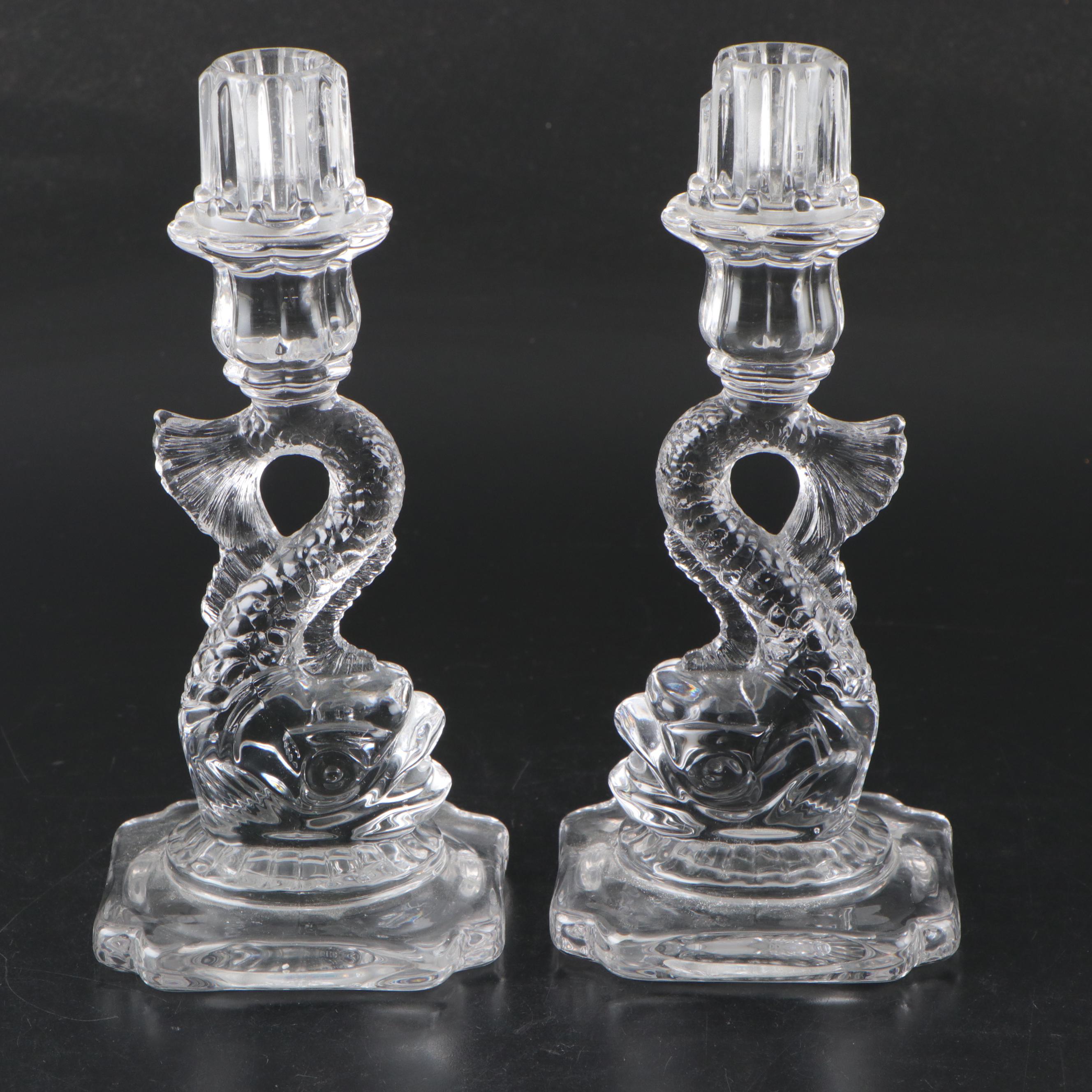 Cambridge Clear Glass Dolphin Figural Candlesticks | Everything But The ...