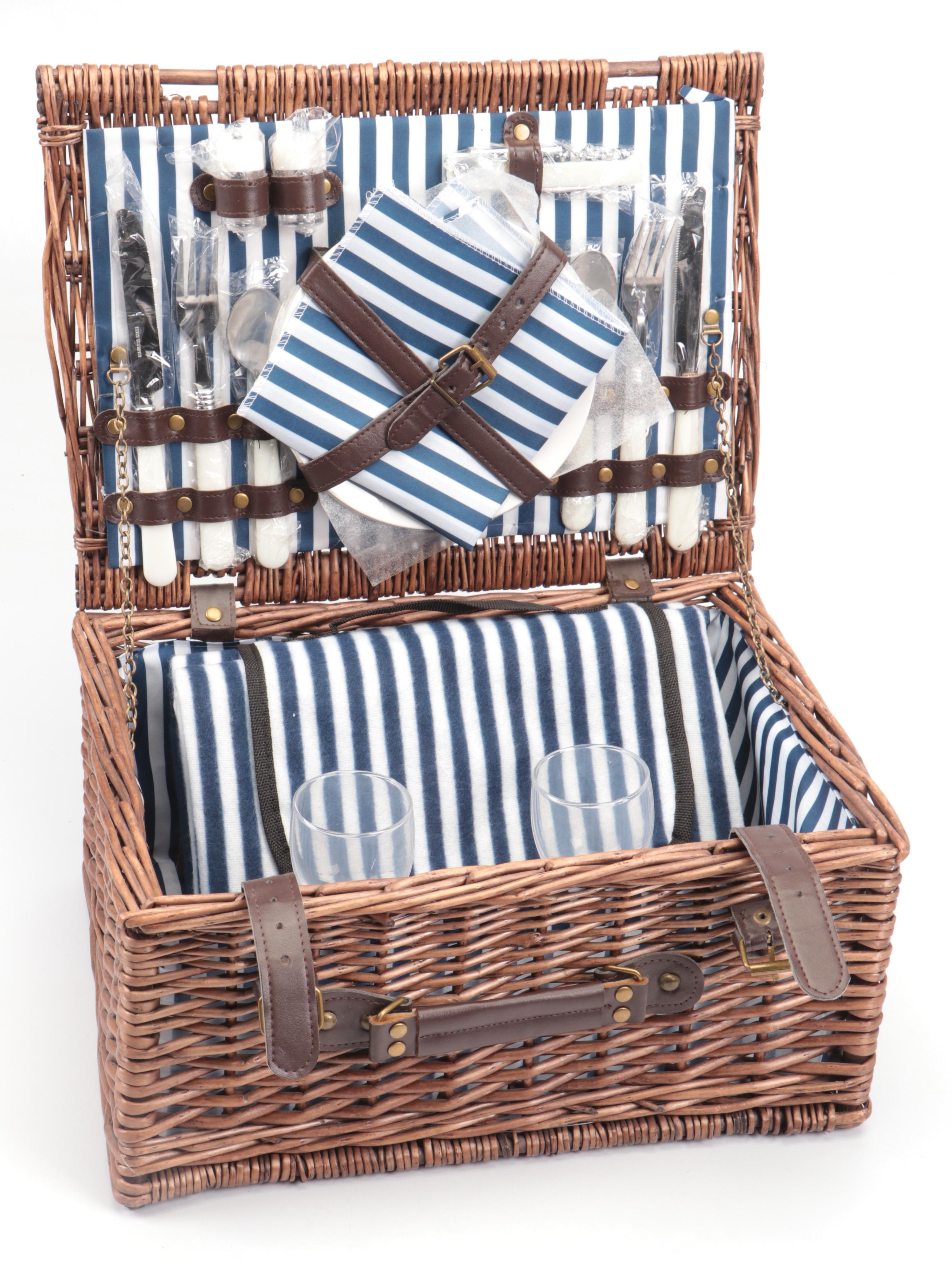 Wicker Picnic Set for Two with Blue & White Ground Cloth, Porcelain Tea ...