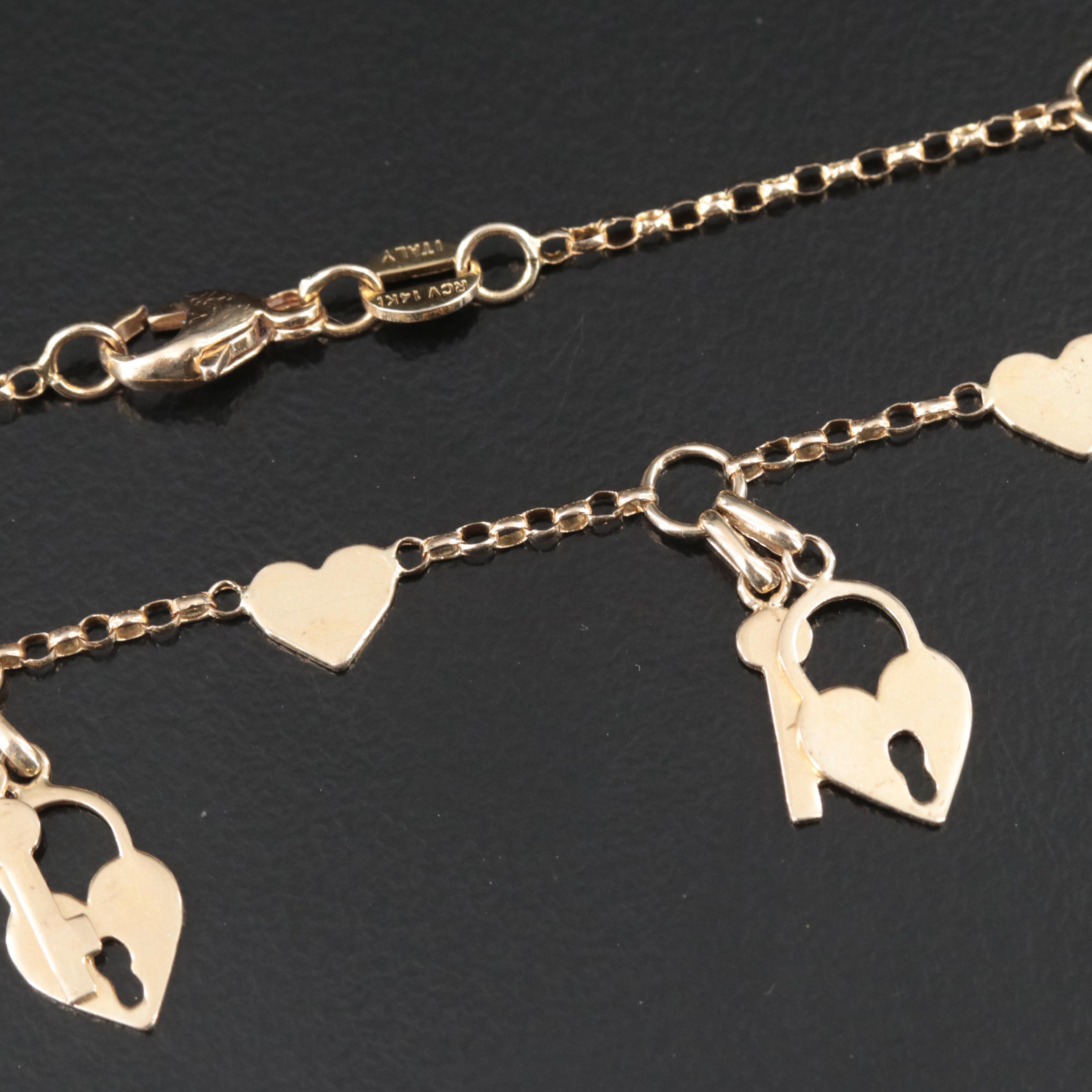 14K Heart Padlock and Key Charm Anklet | Everything But The House