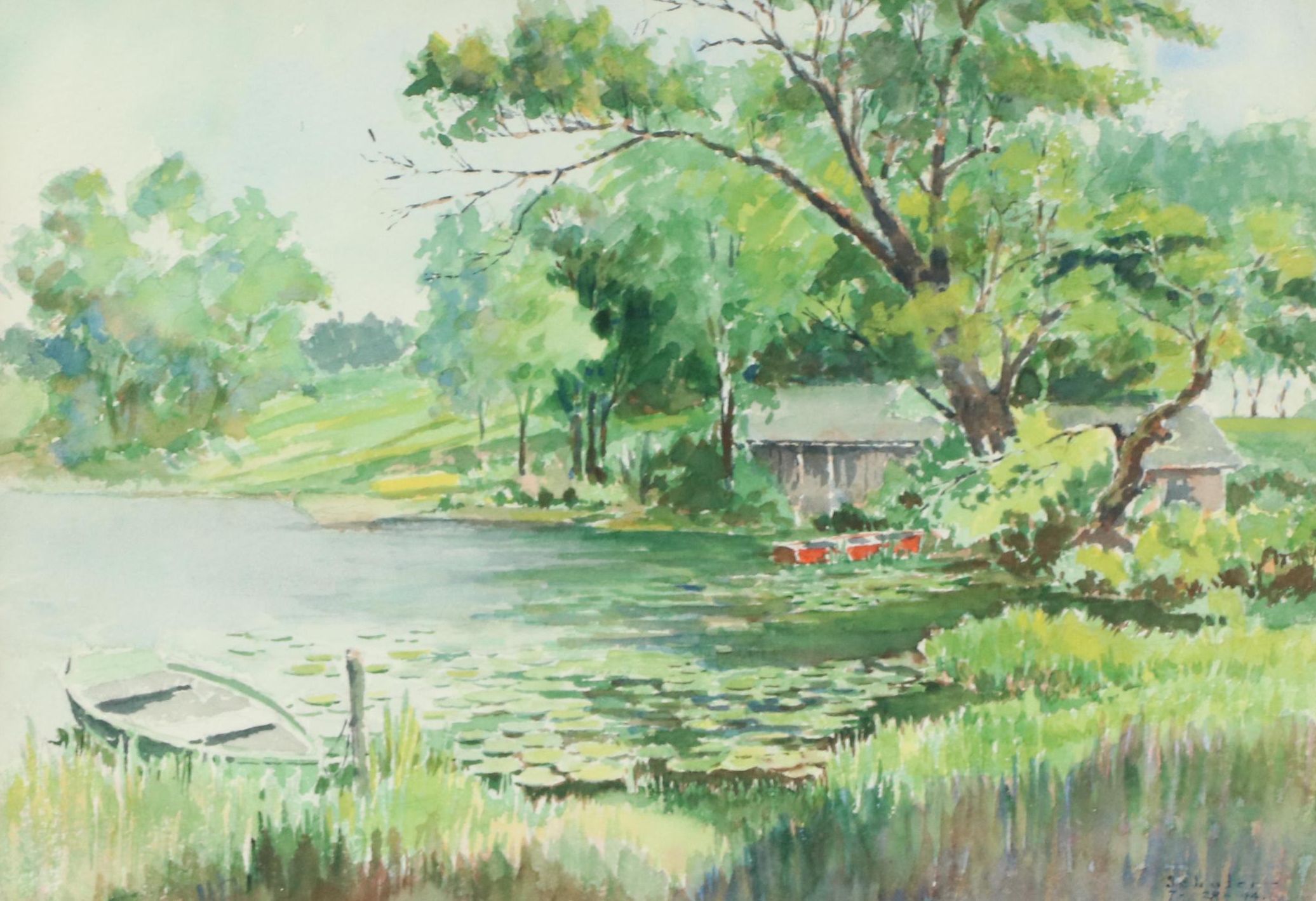 Schuler Watercolor Lake Landscape, 1944 | Everything But The House