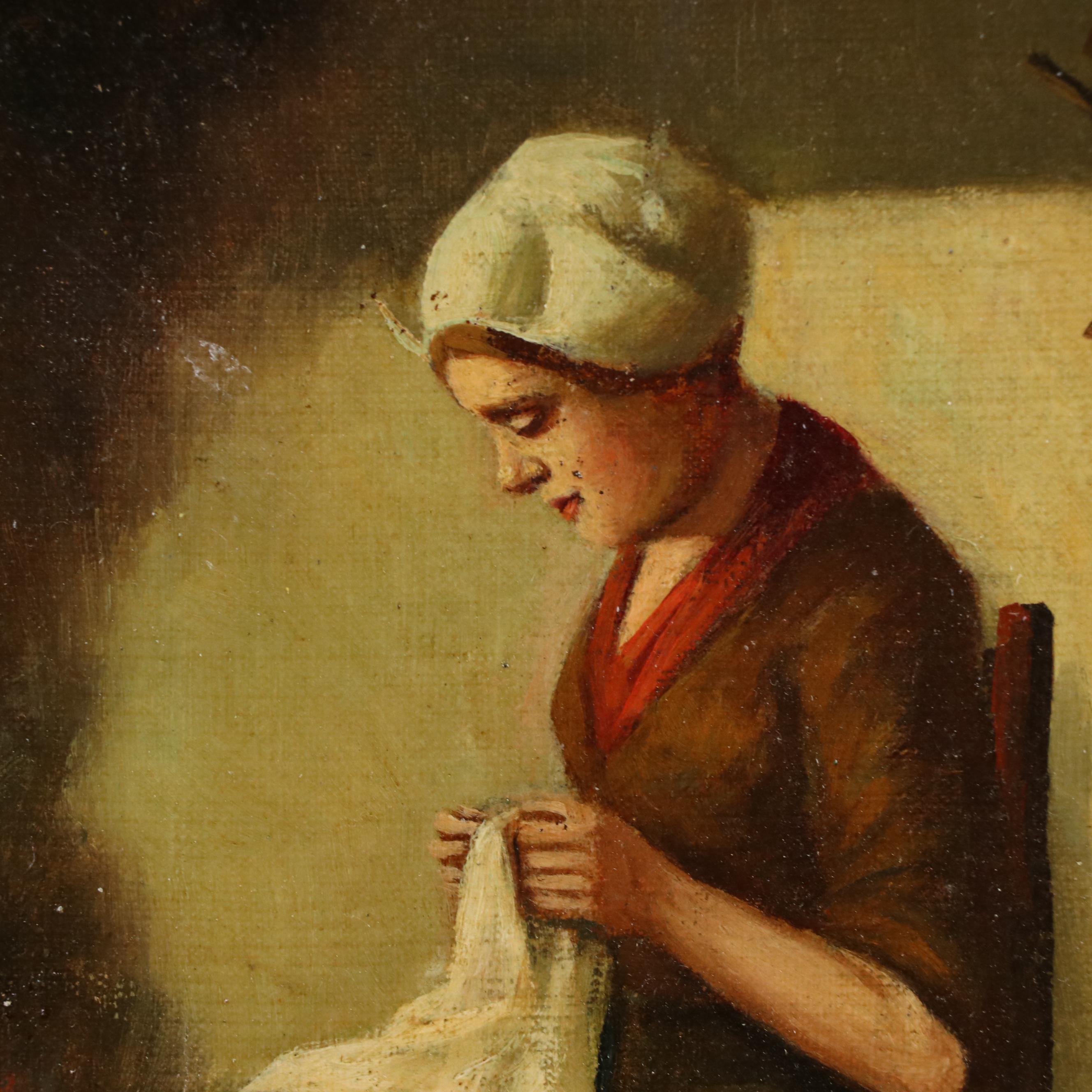 Dutch Kitchen Interior Oil Painting of Woman Stitching, Circa 1885 | EBTH