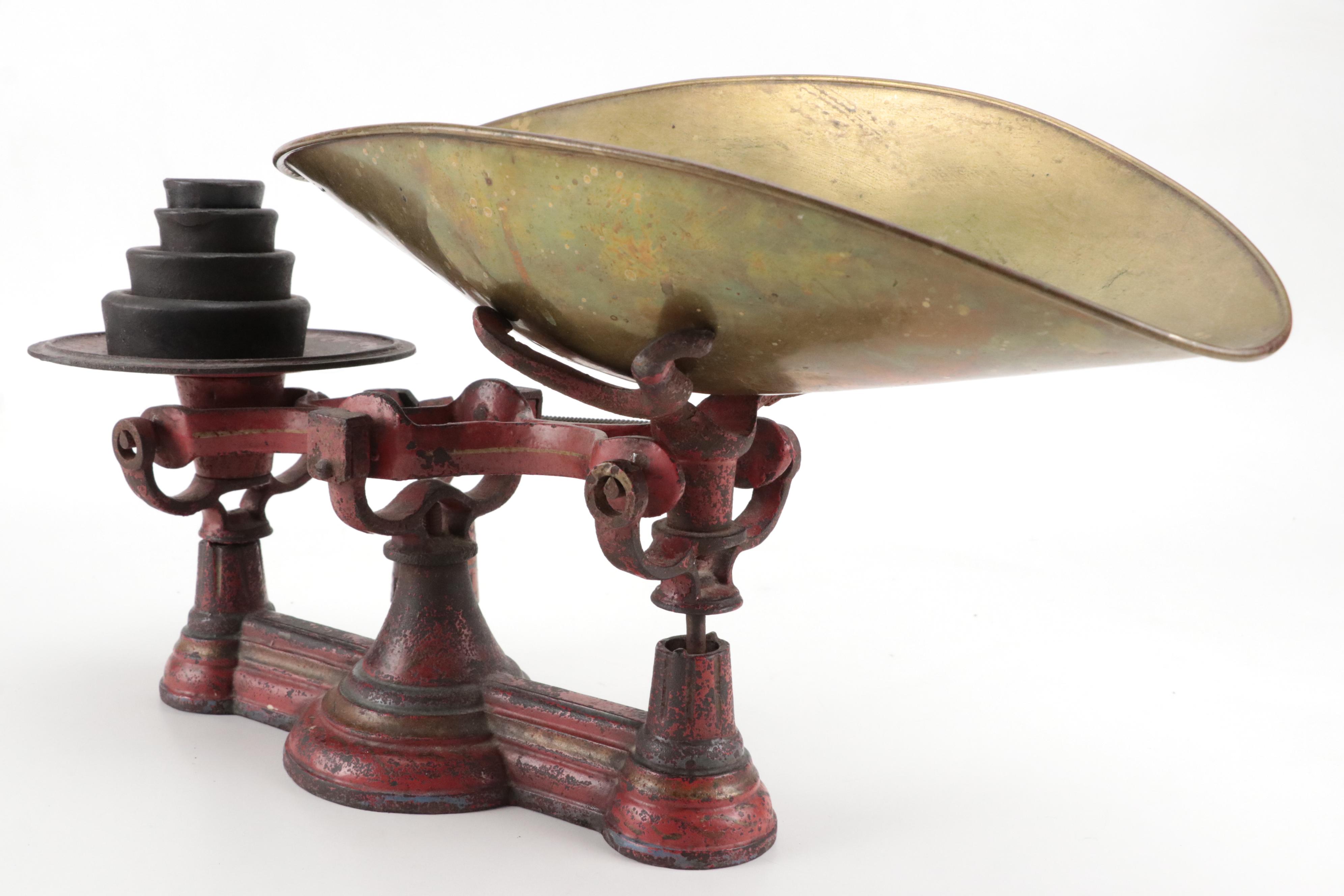 Painted Metal Candy Scale with Metal Weights, Early 20th Century | EBTH