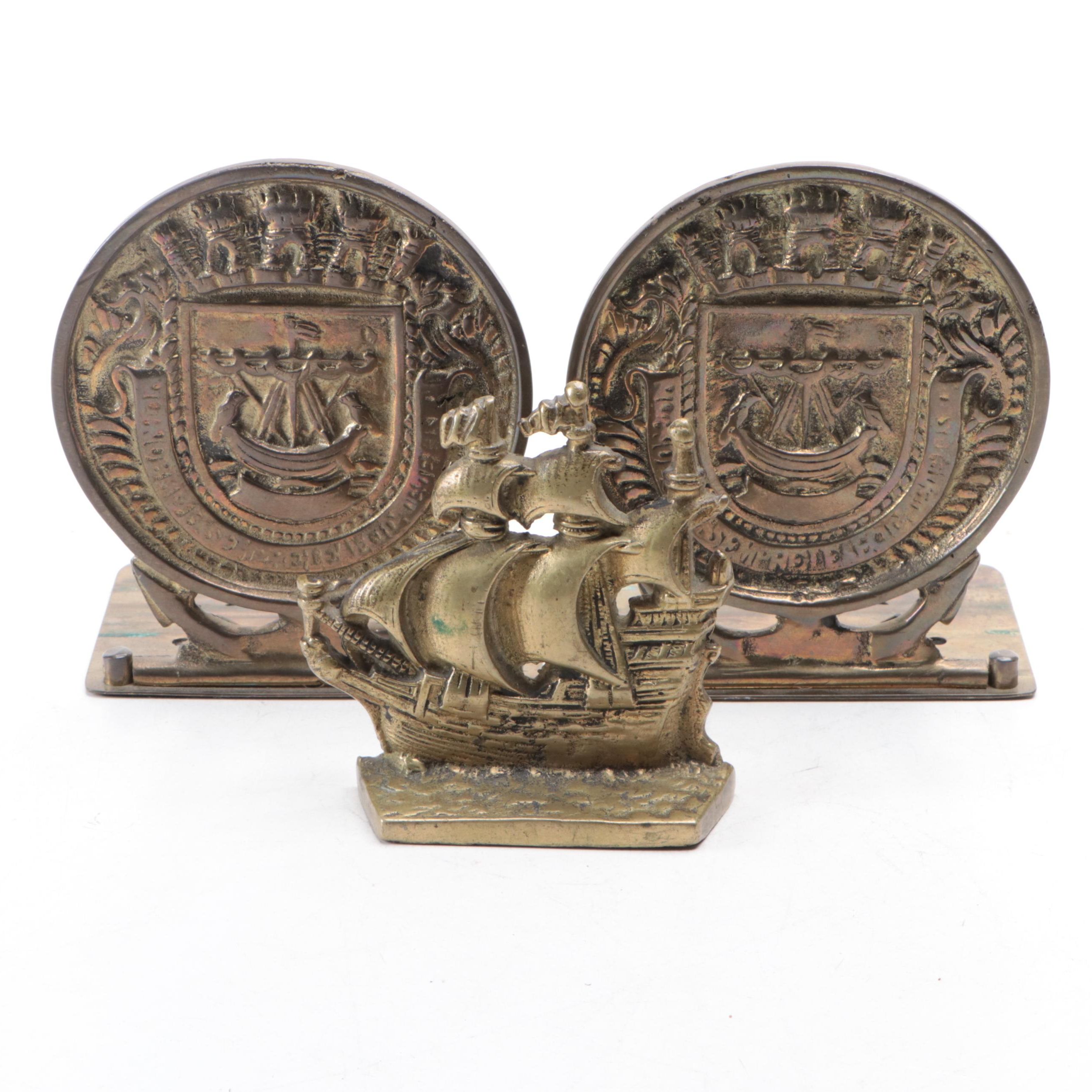 Cast Brass Lisbon City Crest Bookends with Spanish Galleon Cast Brass ...