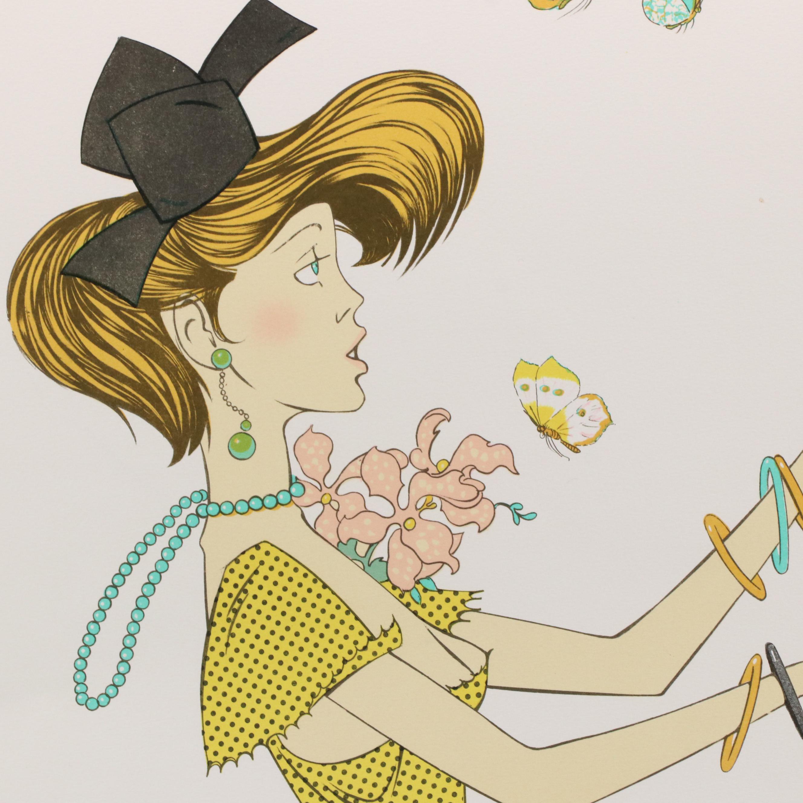 Philippe Henri Noyer Color Lithograph "Young Lady With Parrots ...