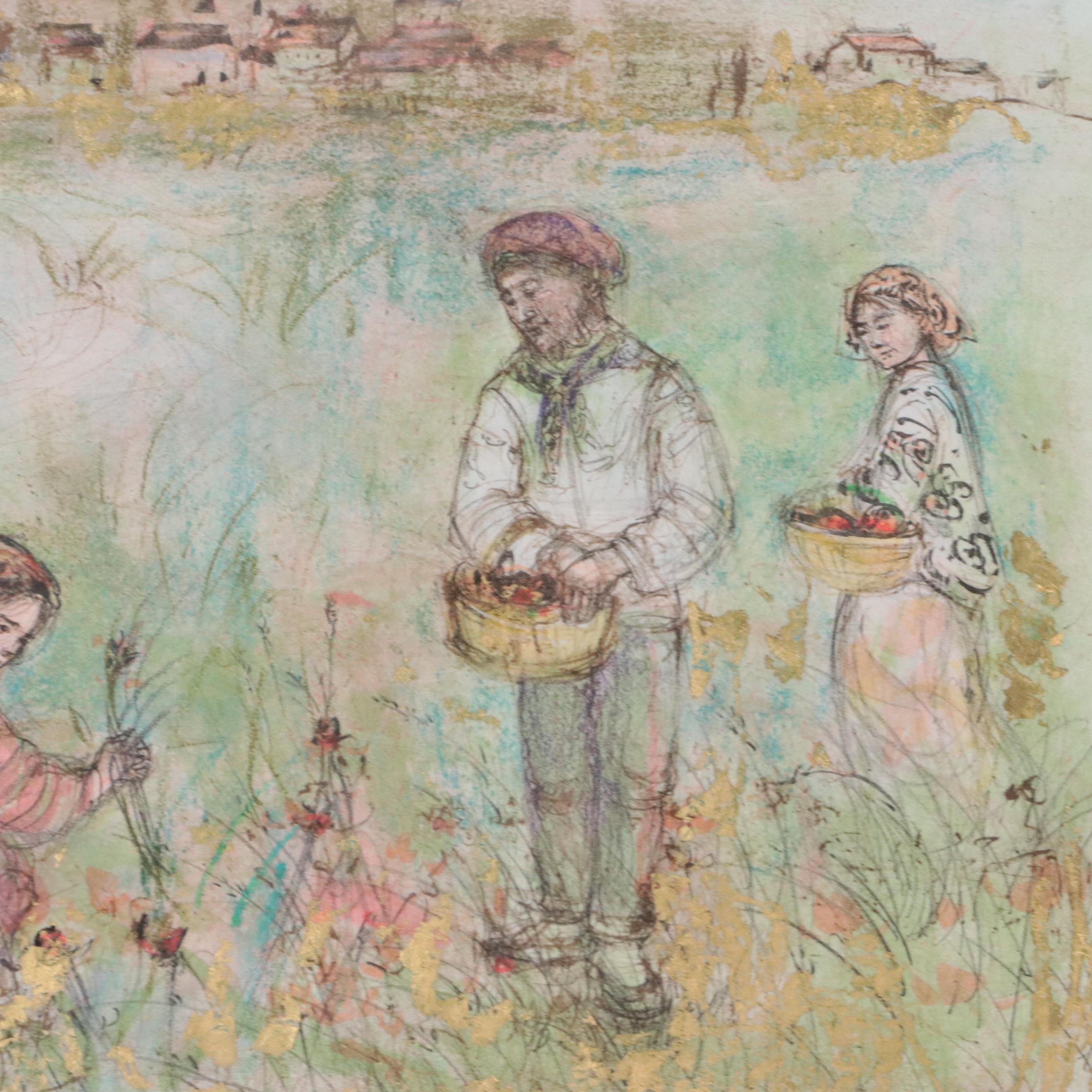 Edna Hibel Lithograph With Pastel and Gold Leaf "Tuscan Fields ...