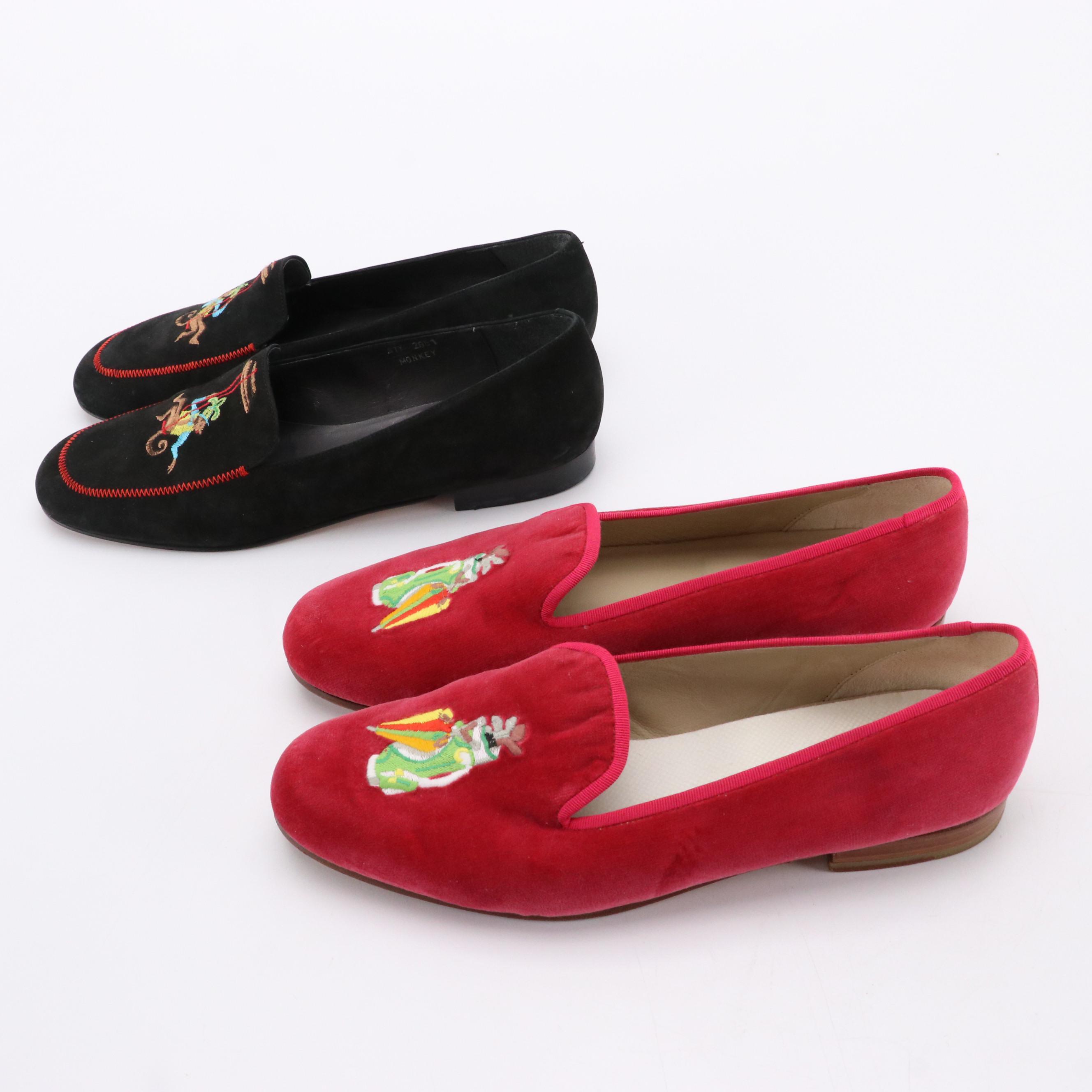 Stubbs & Wootton Pink Caddy Loafers and CJ Laing Monkey Embroidered ...