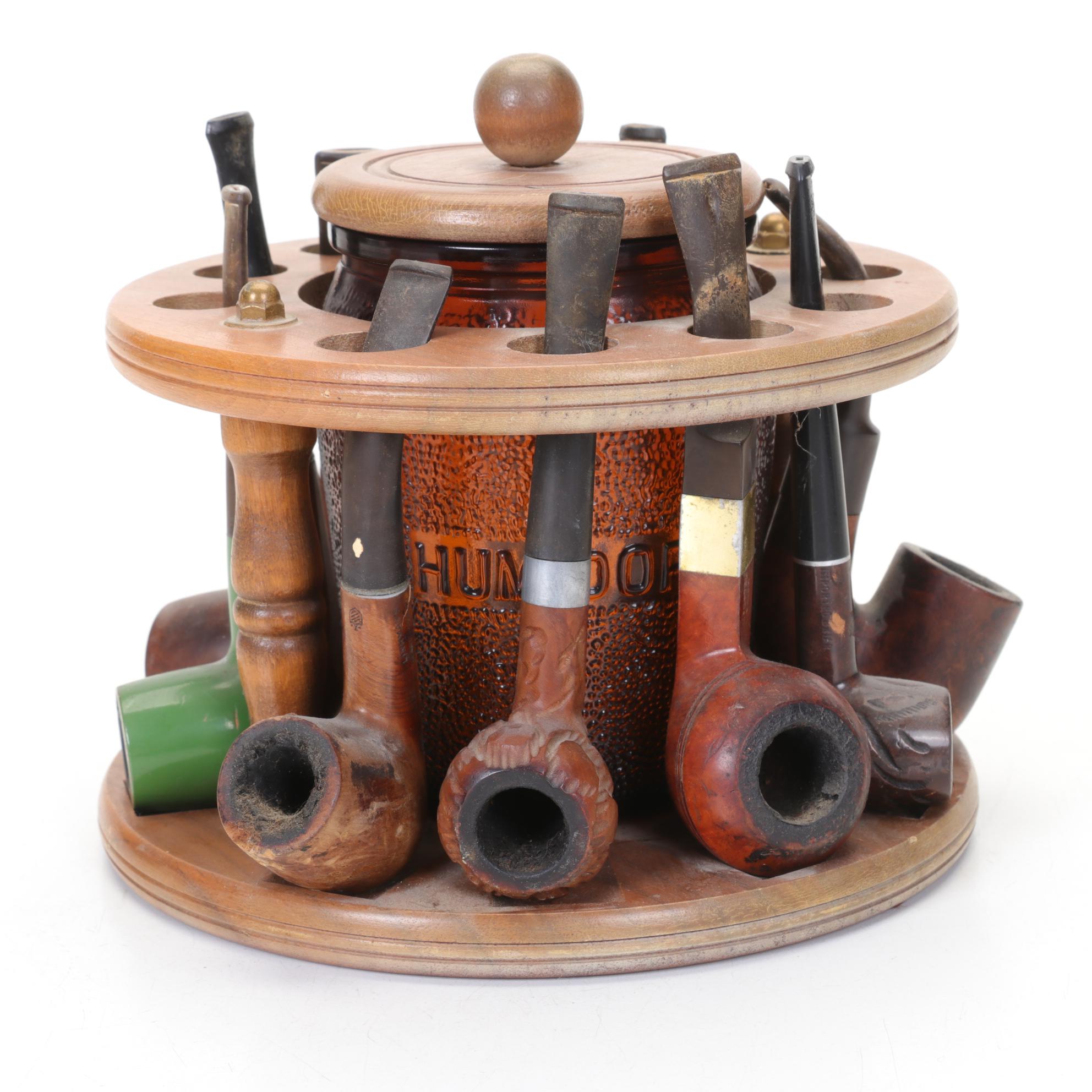 Wood Pipe Stand and Amber Glass Humidor with Vintage Briarwood Pipes ...