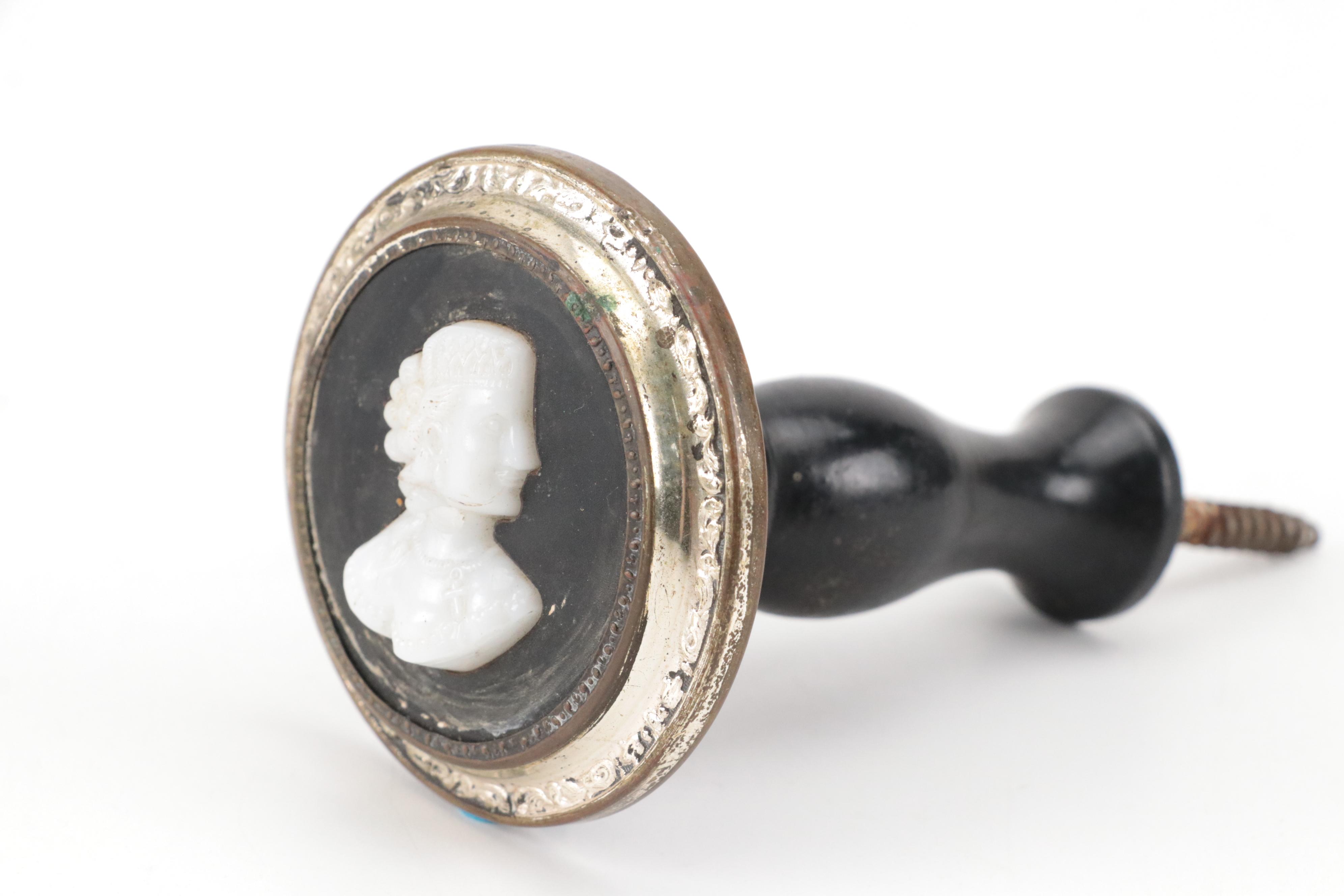 Ebonized Wood and Metal Curtain Tie-back Knobs with Cameo Resin Inlay ...