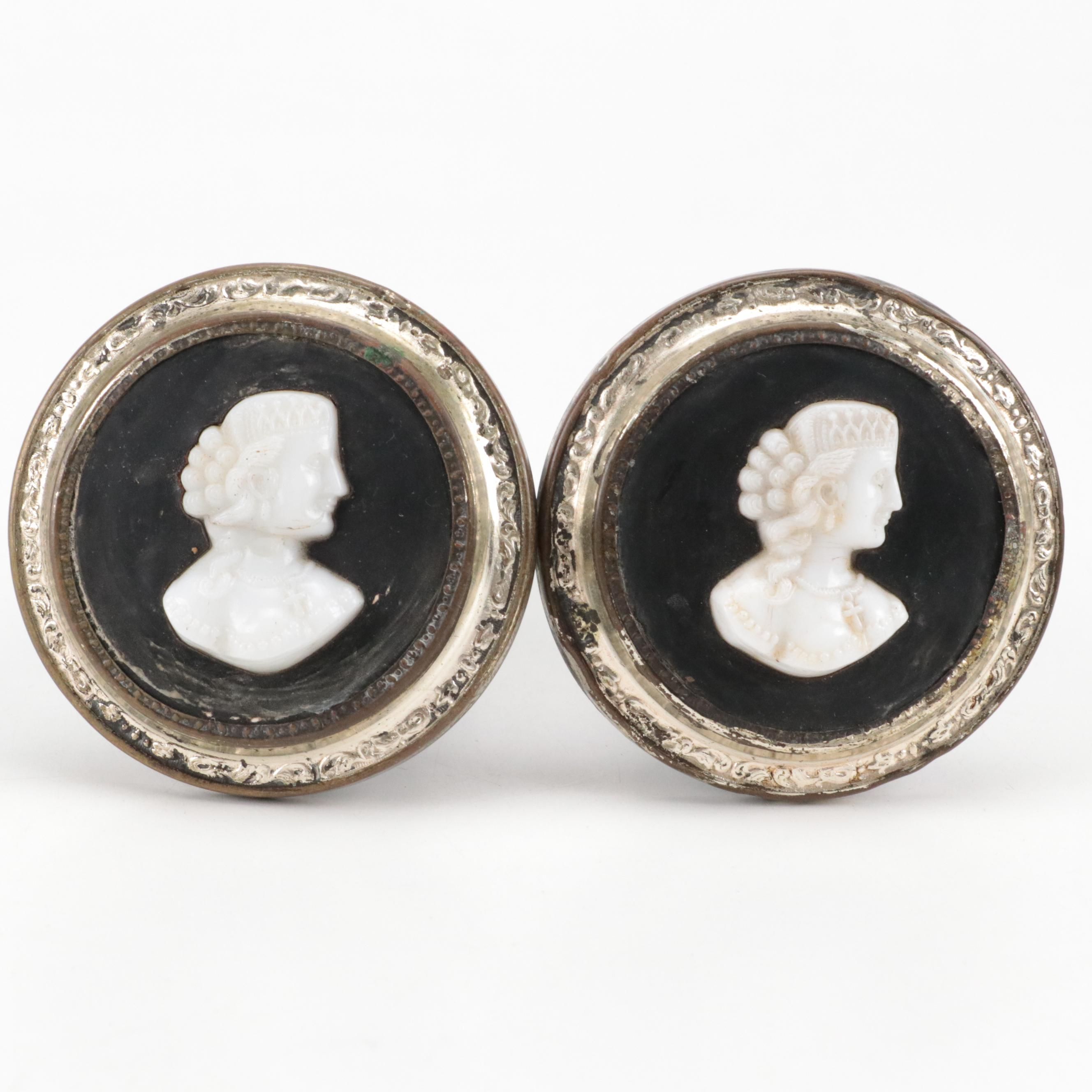 Ebonized Wood and Metal Curtain Tie-back Knobs with Cameo Resin Inlay ...