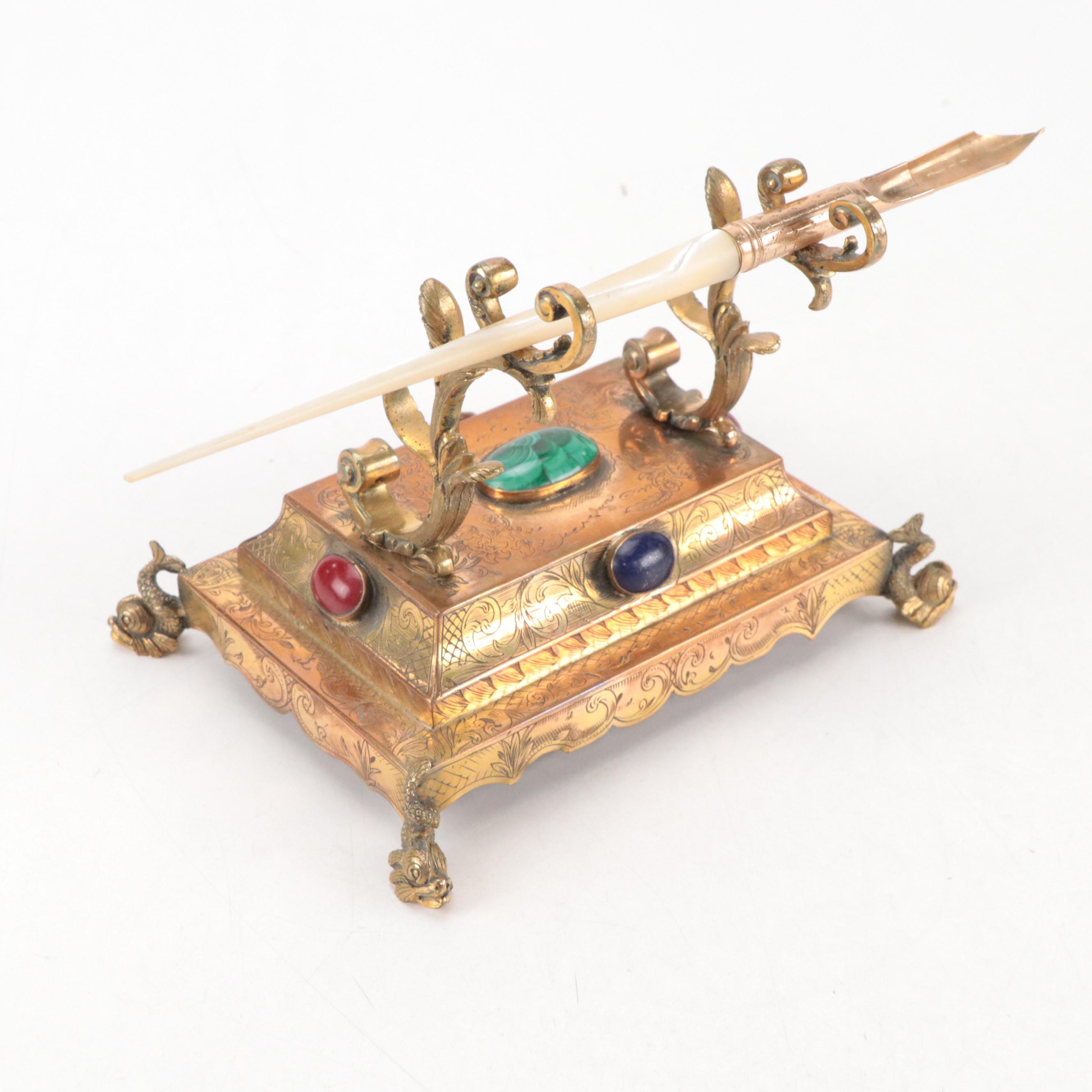 John Holland MOP No. 8 Dip Pen on Engraved Brass Stand with Inset ...