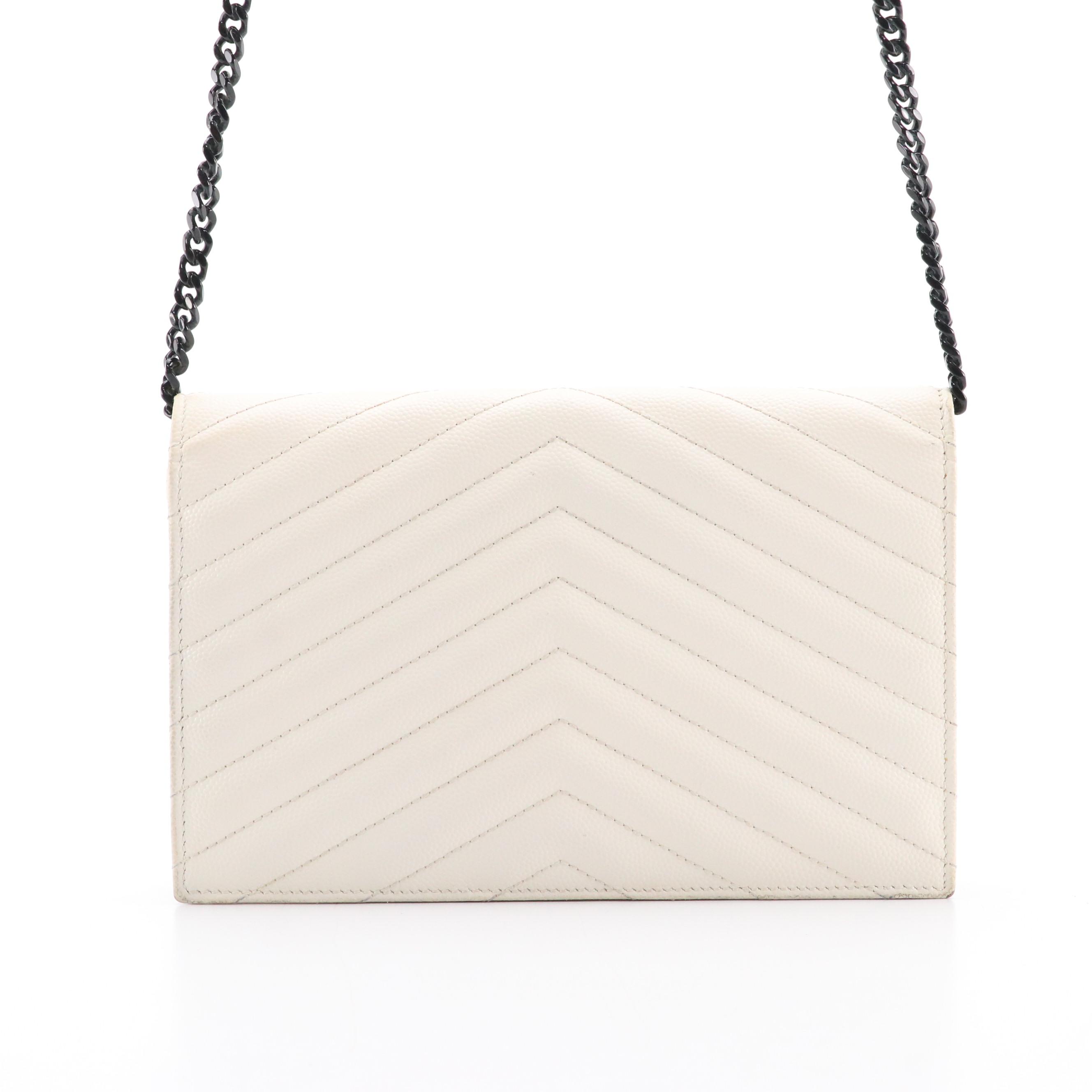 Saint Laurent YSL Logo Chain Wallet in White Quilted Pebbled Leather | EBTH