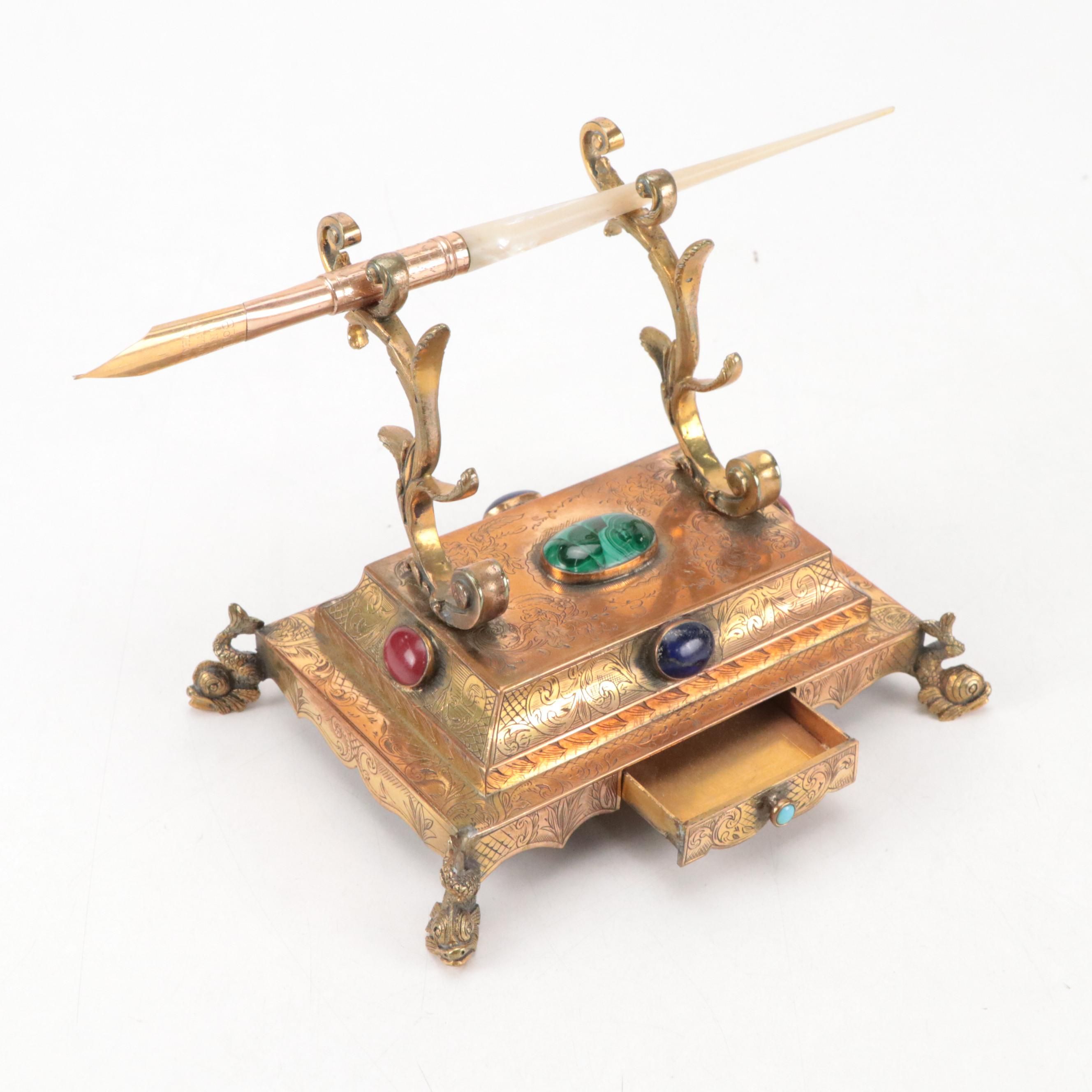 John Holland MOP No. 8 Dip Pen on Engraved Brass Stand with Inset ...