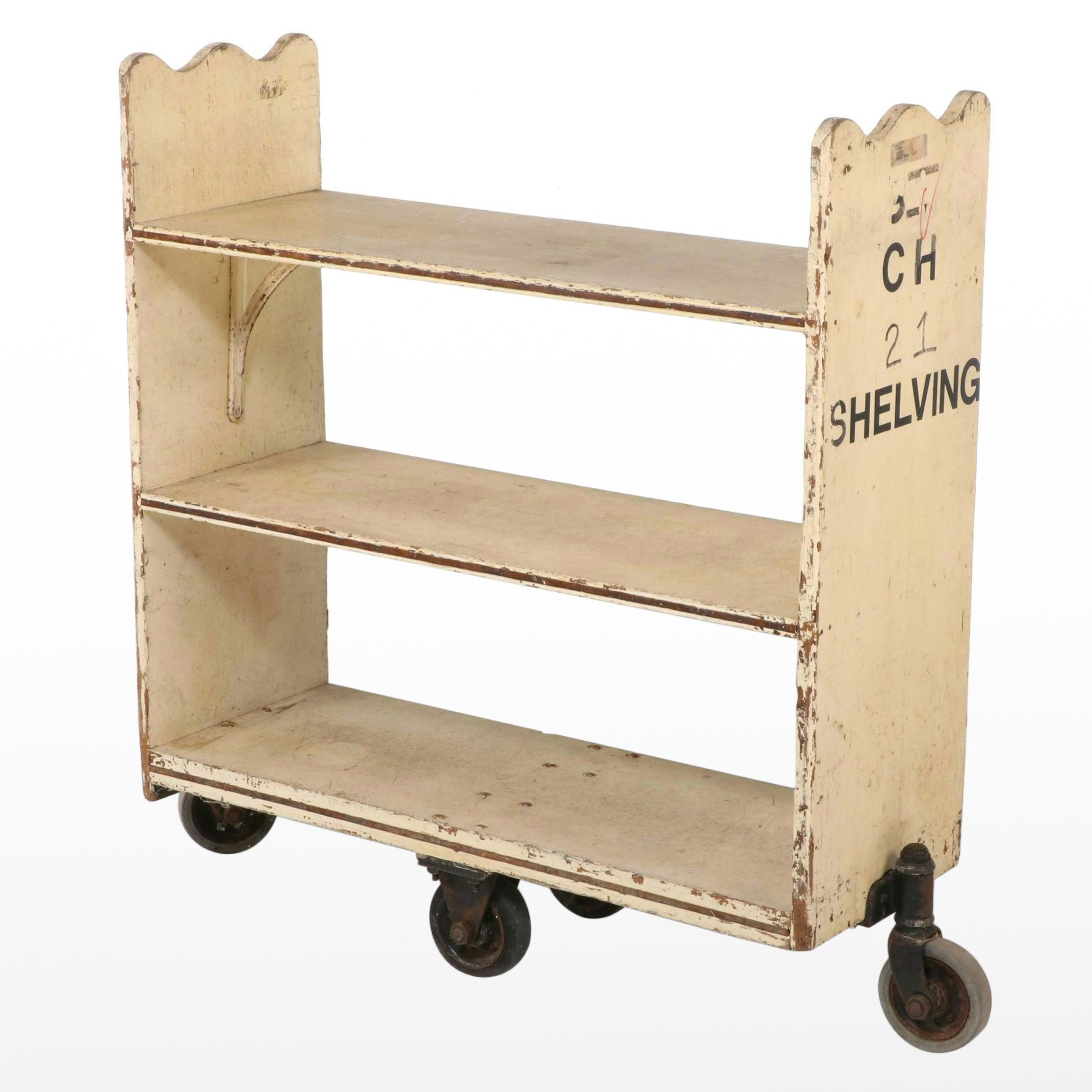 American Iron-Mounted & Painted-Oak Three-Tier Library Cart, Early 20th ...