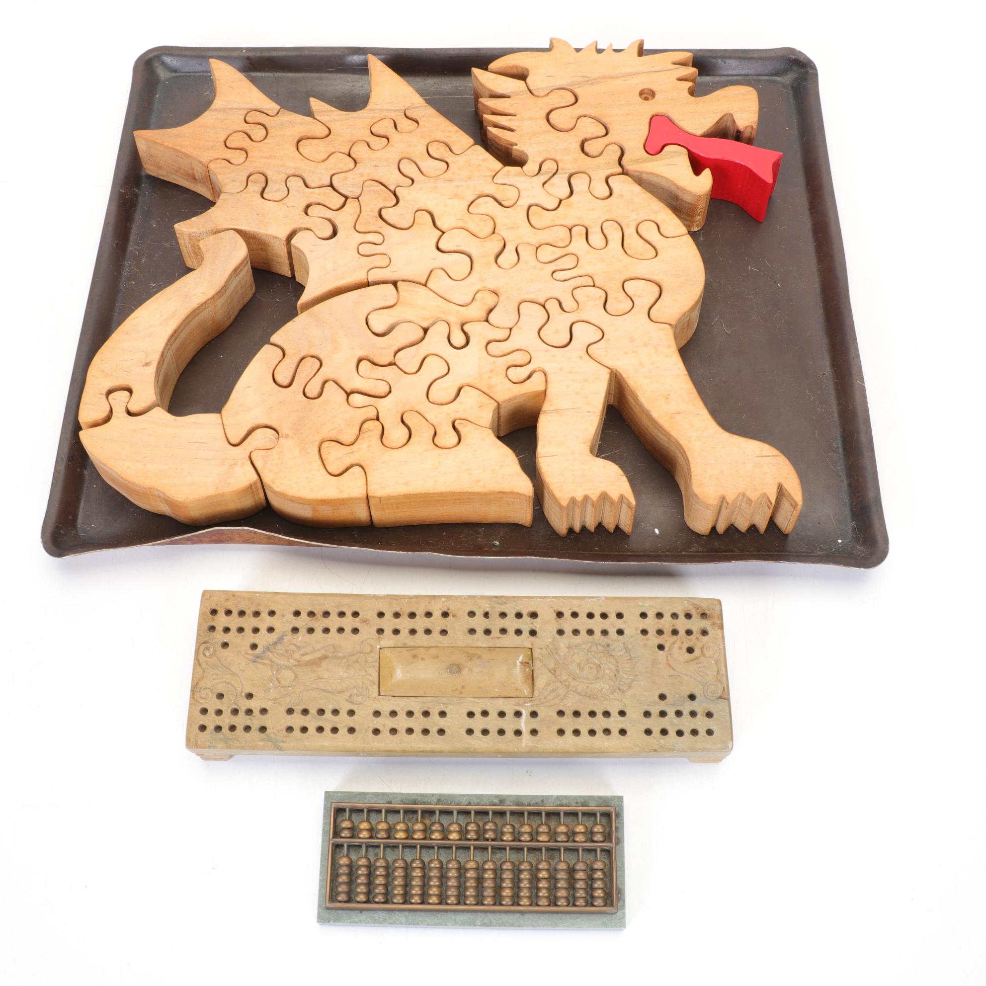 Wood Dragon Jigsaw Puzzle with an Abacus and Stone Cribbage Board ...