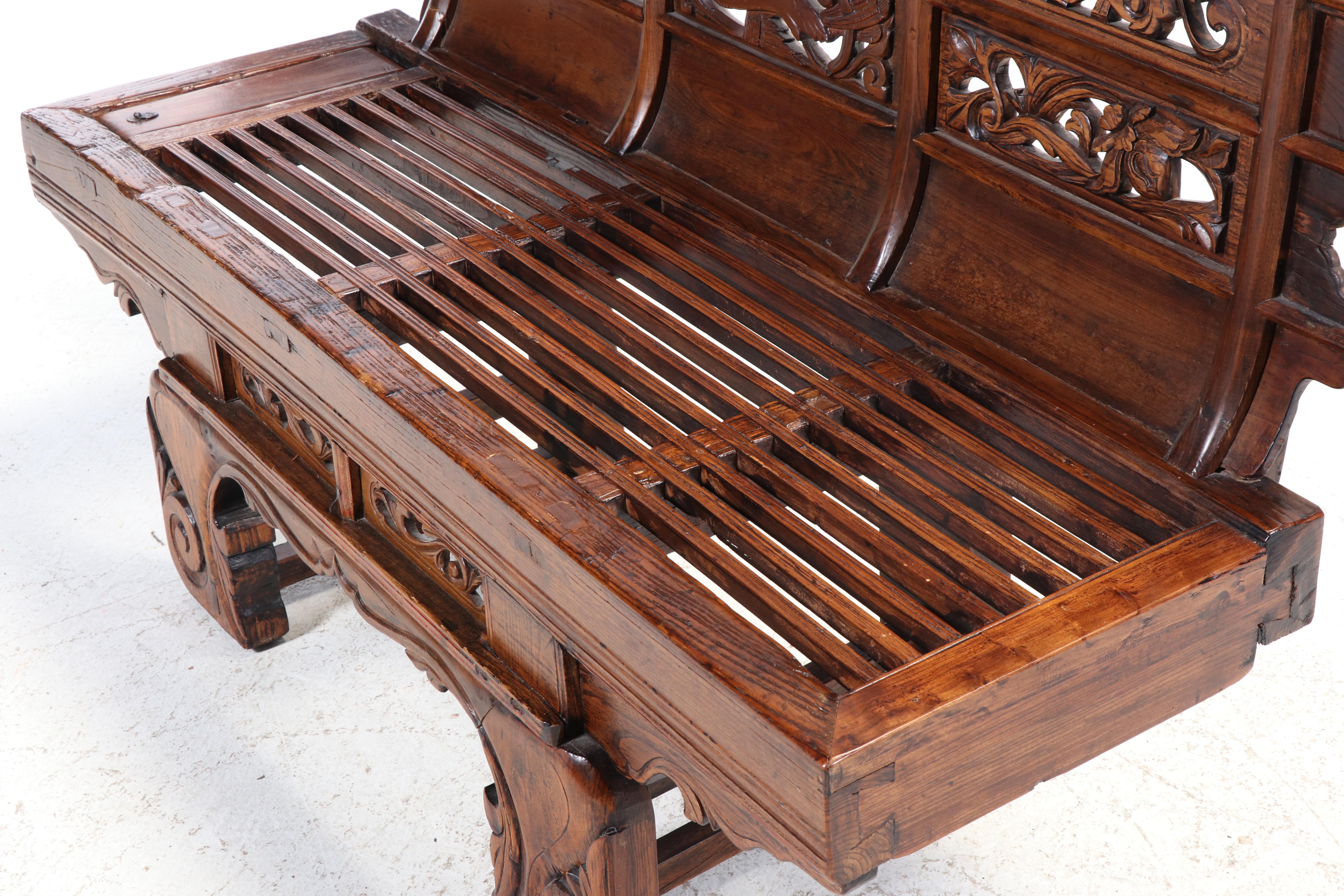 Chinese Carved and Slatted Elm Bench | EBTH