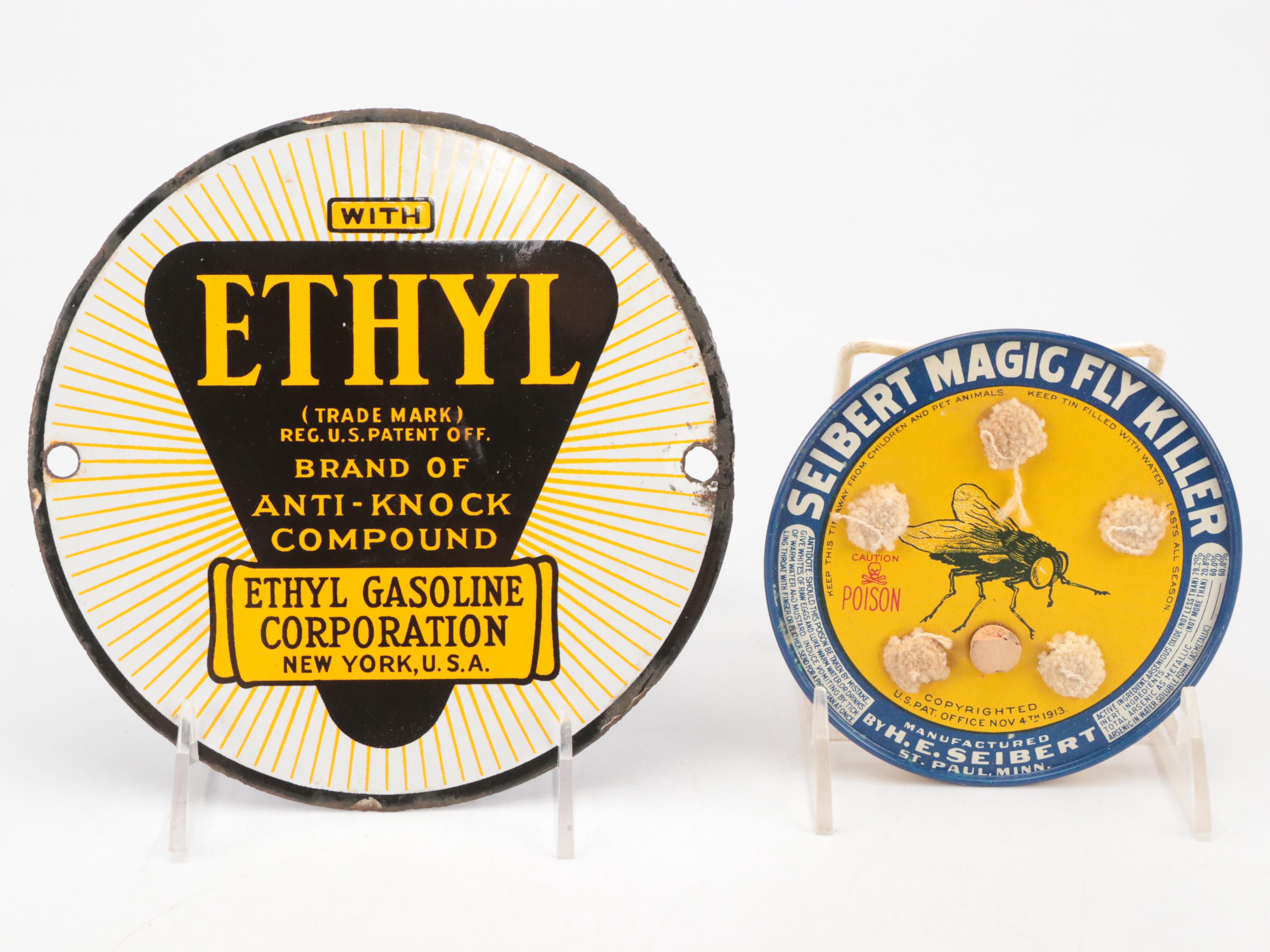 Ethyl Gasoline Sign, Epicure Oysters Tin, M. C. Carroll Match Safe and ...