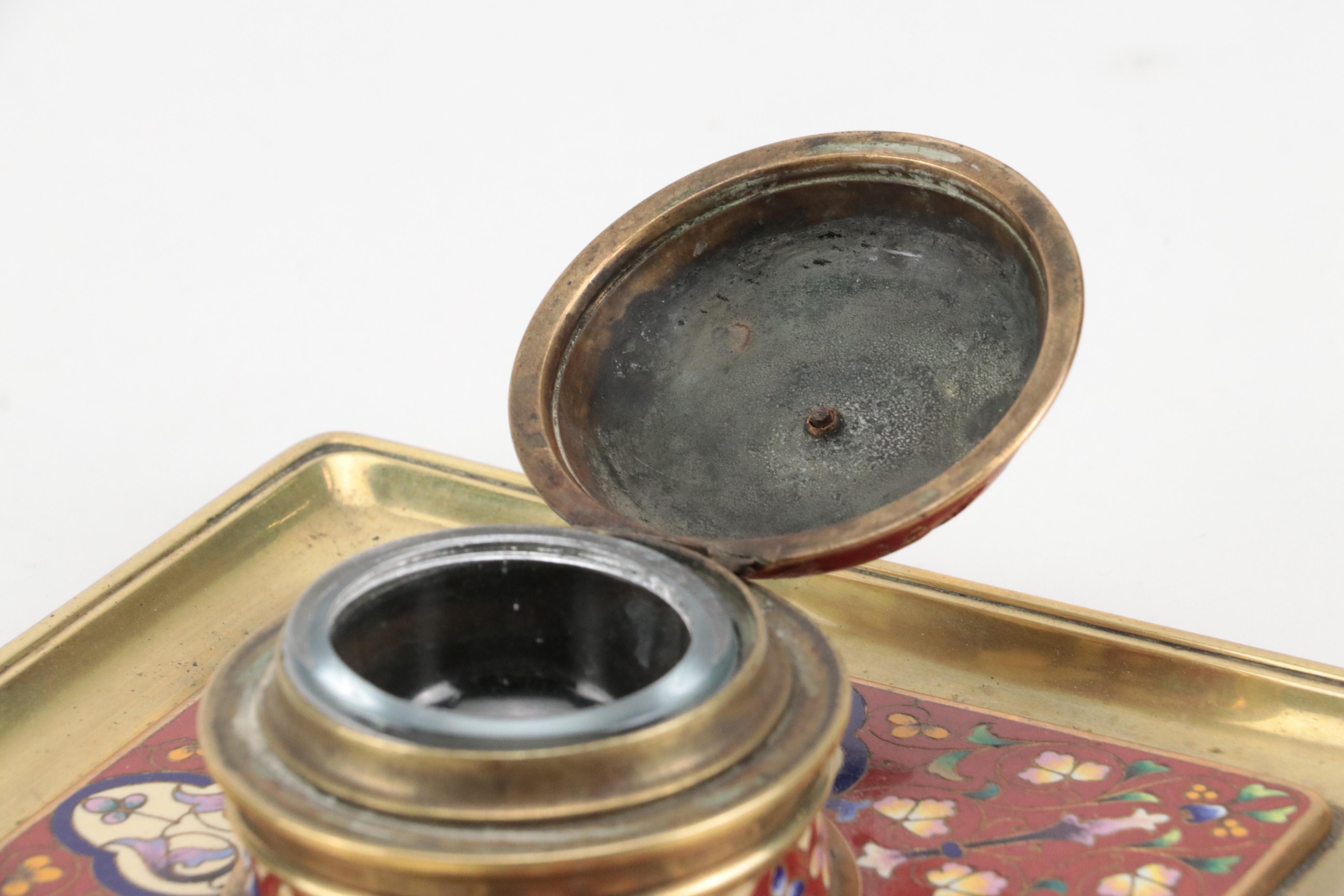 French Style Brass Champlevé Enamel Square Inkwell with Floral Motifs ...
