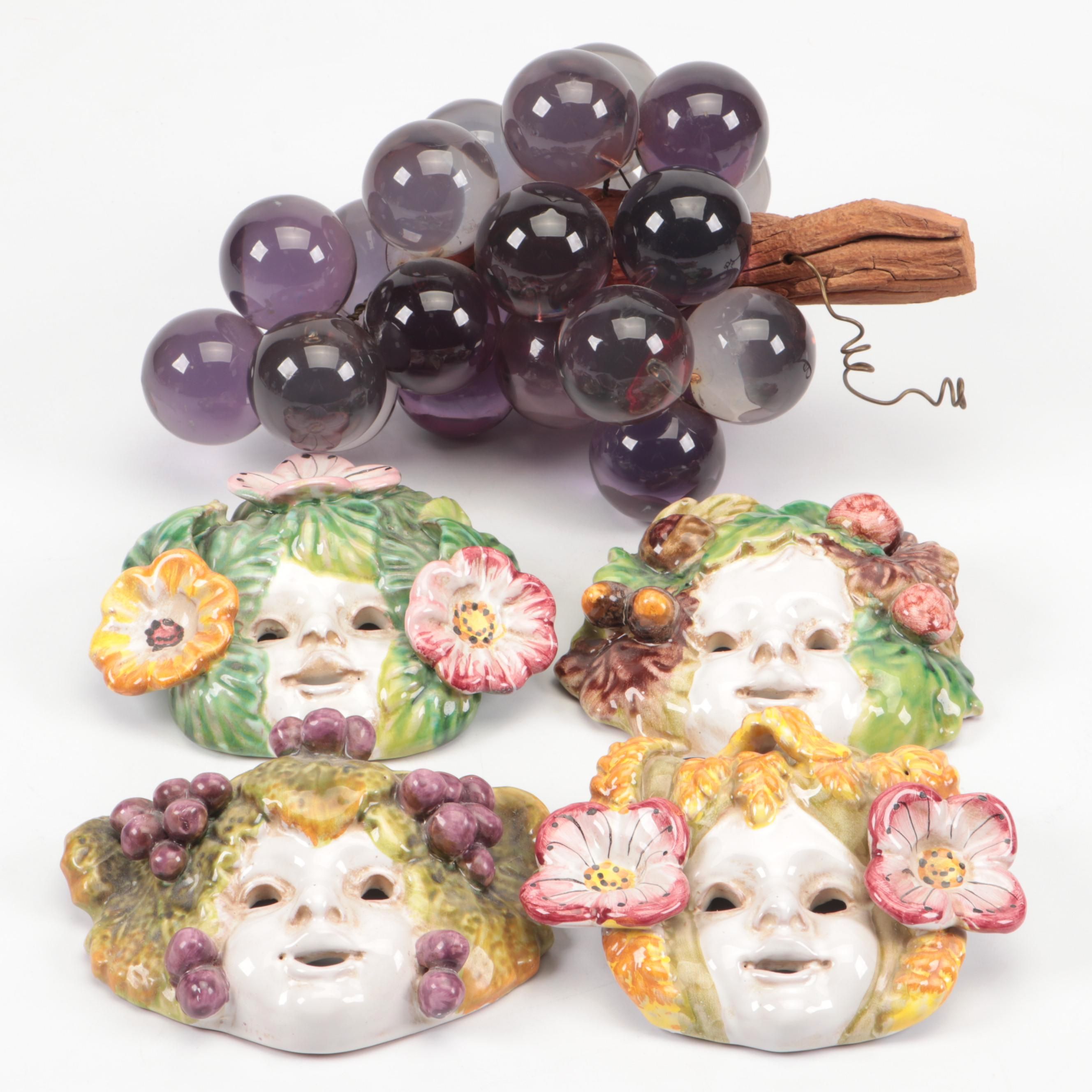 Italian Glazed Four Seasons Terracotta Masks with Resin and Wood Faux ...