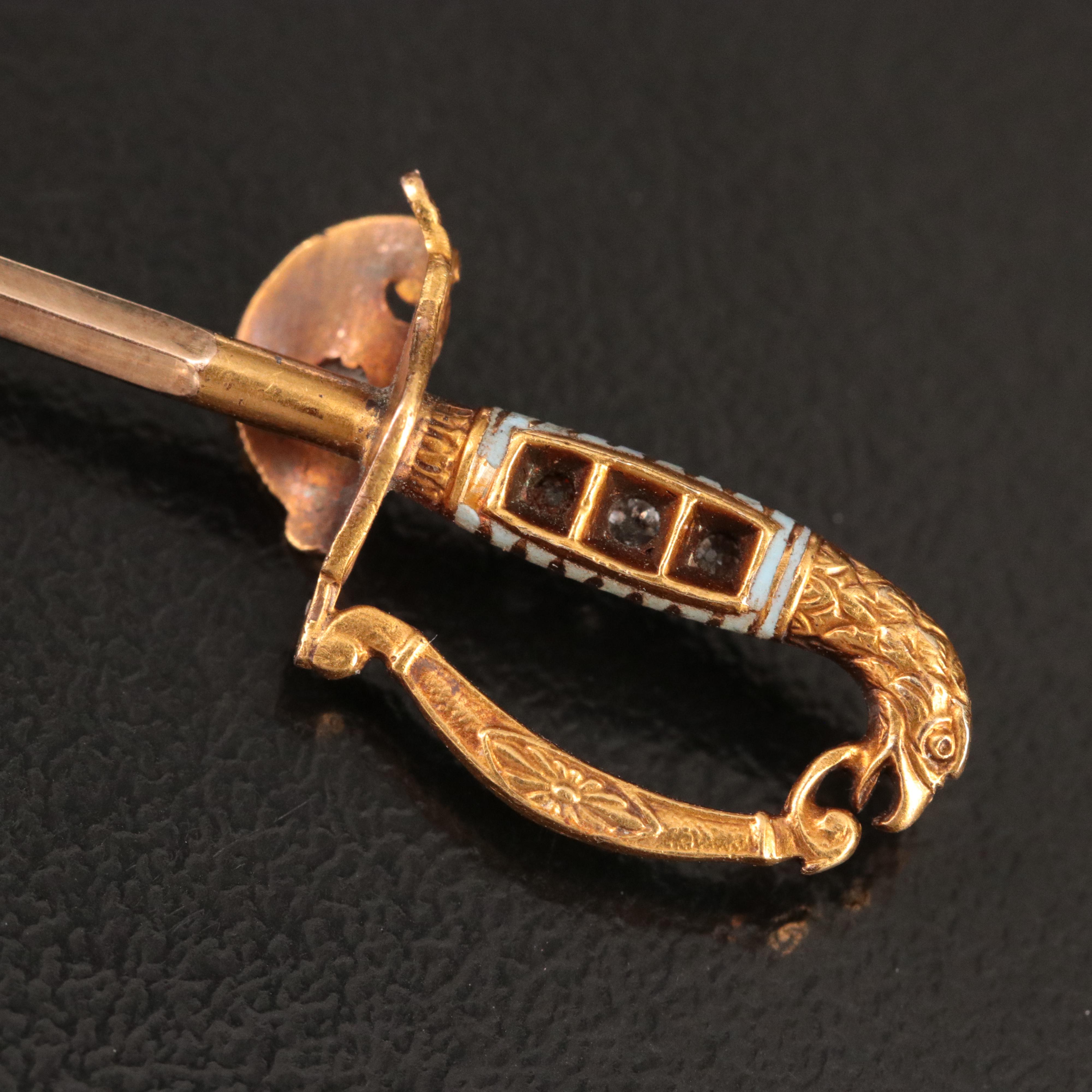 Antique 18K and 14K Diamond and Enamel Saber Pin | Everything But The House