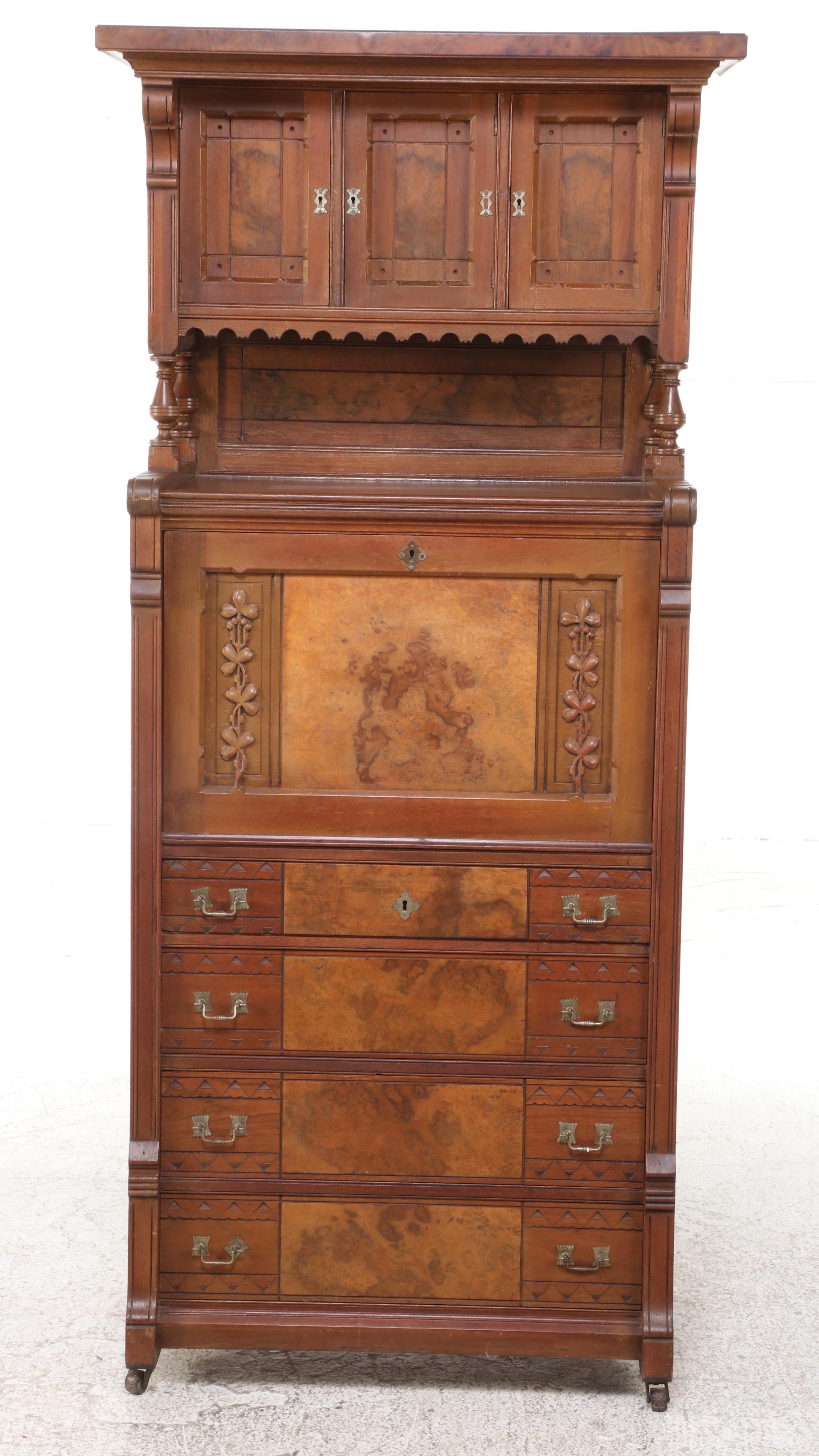 Victorian Walnut, Burl Walnut, and Bird's-Eye Maple Secretary Bookcase ...