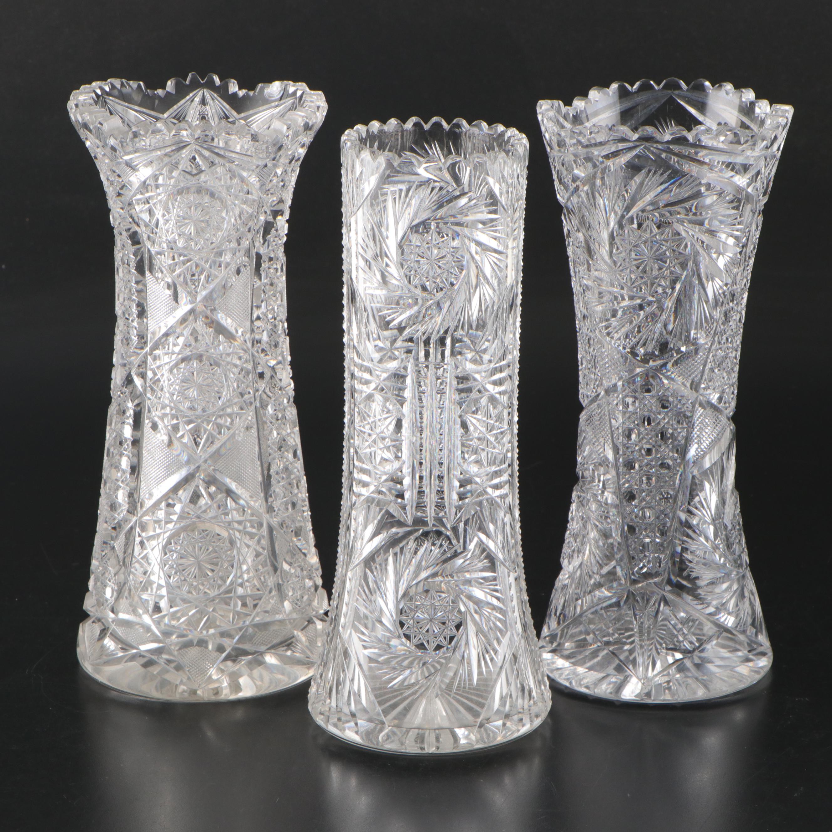 Brilliant Cut Glass Corset Vases with Brunswick Star Vase, Early 20th ...