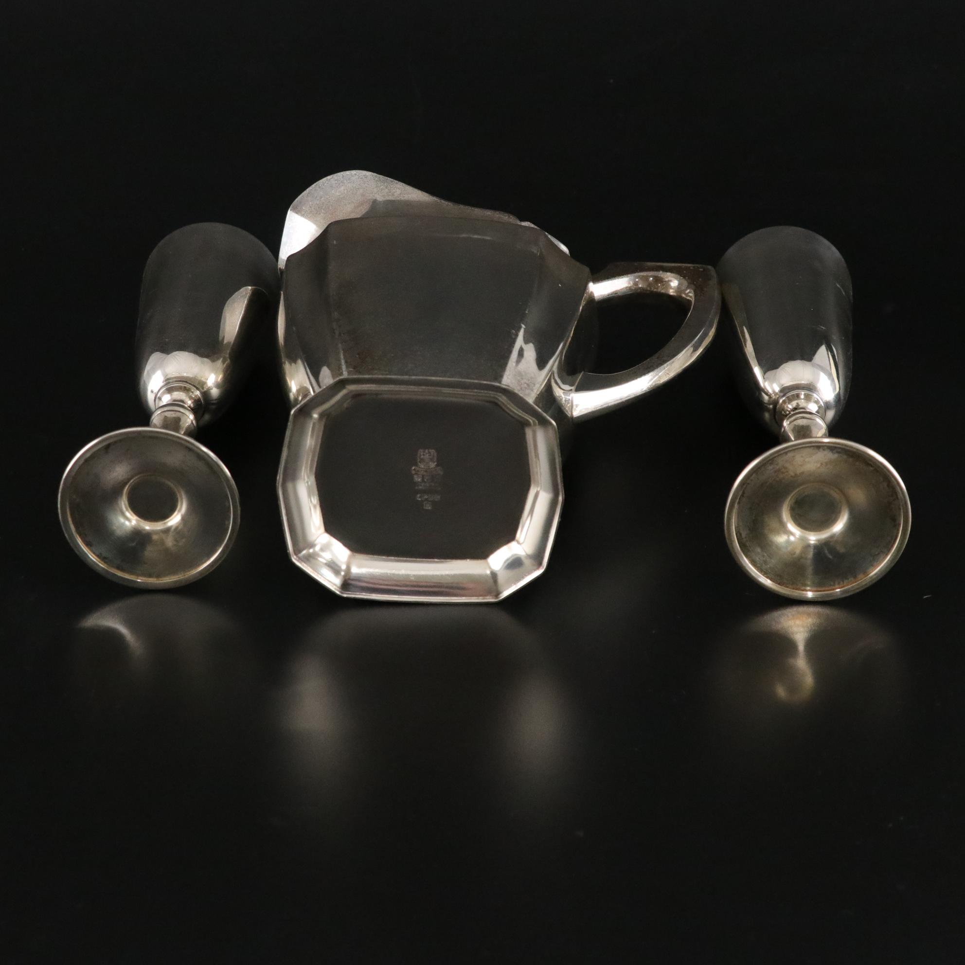 Silver Plate Pitcher, Flutes, Trays and Butter Dish with Wine Serving ...