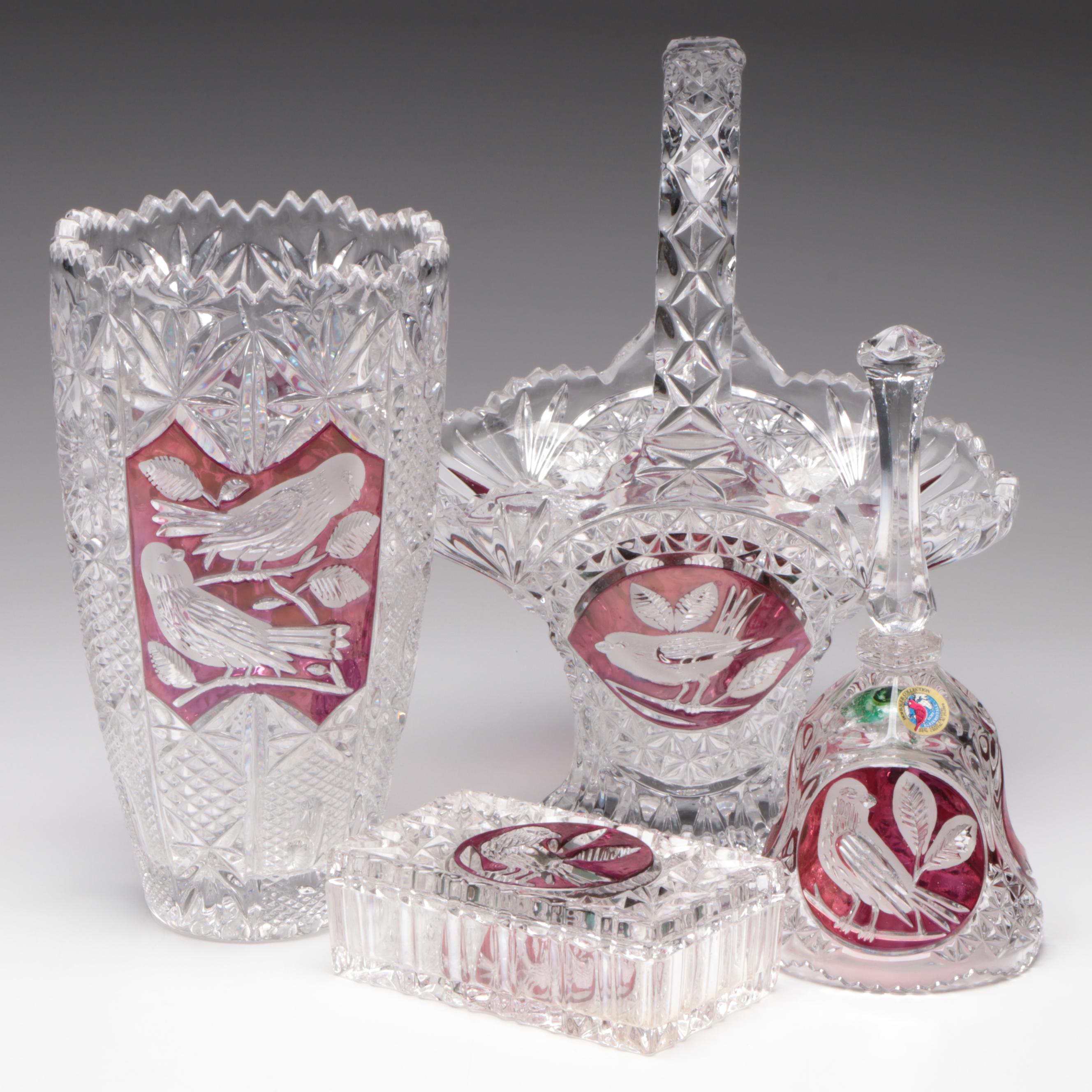 German "Hofbauer Collection" Ruby Flash Cut to Clear Crystal Birds ...