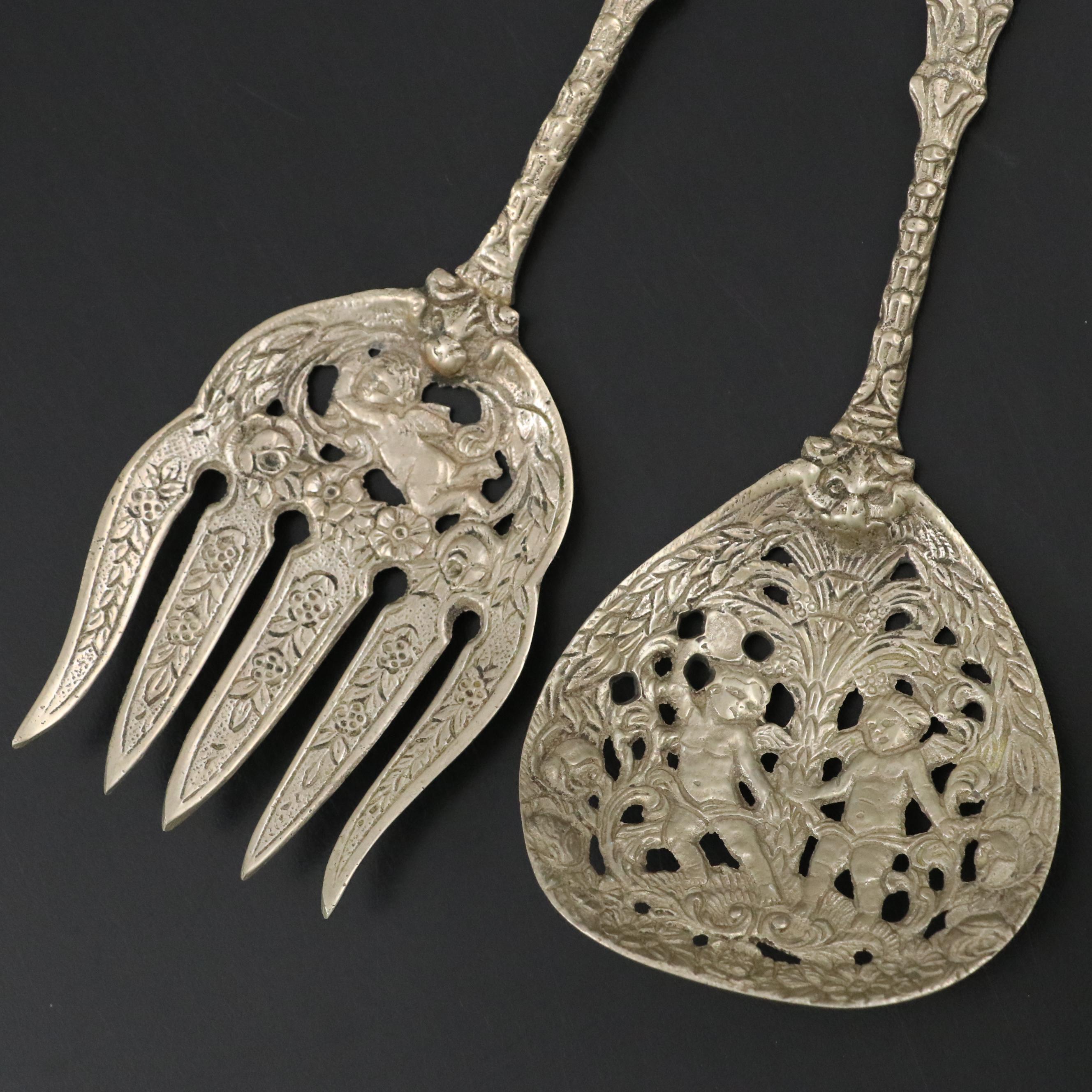 Italian Baroque Style Silver Plate Serving Fork and Spoon, Mid to Late ...