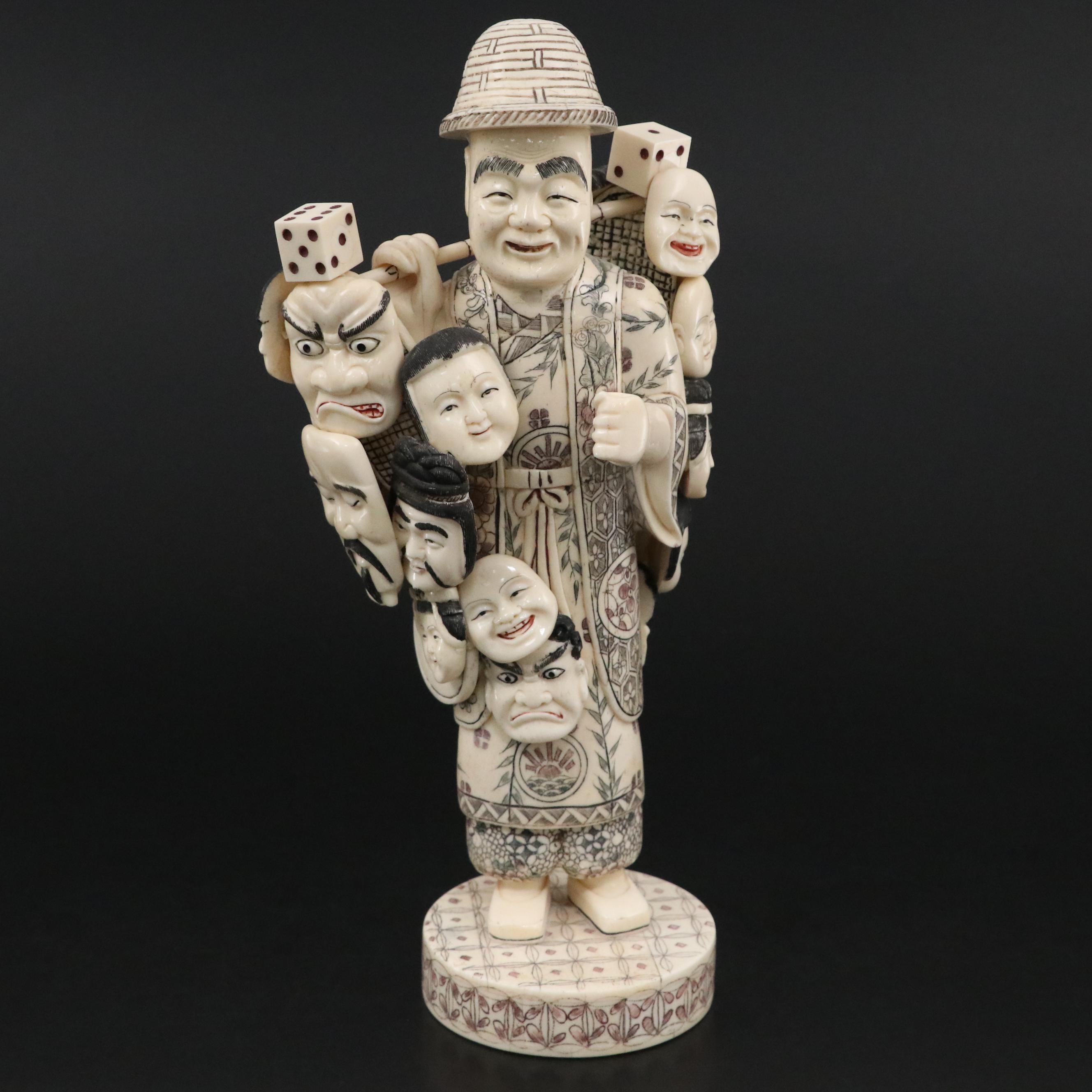 Japanese Carved and Polychrome Bone Okimono Sculpture Depicting Mask ...