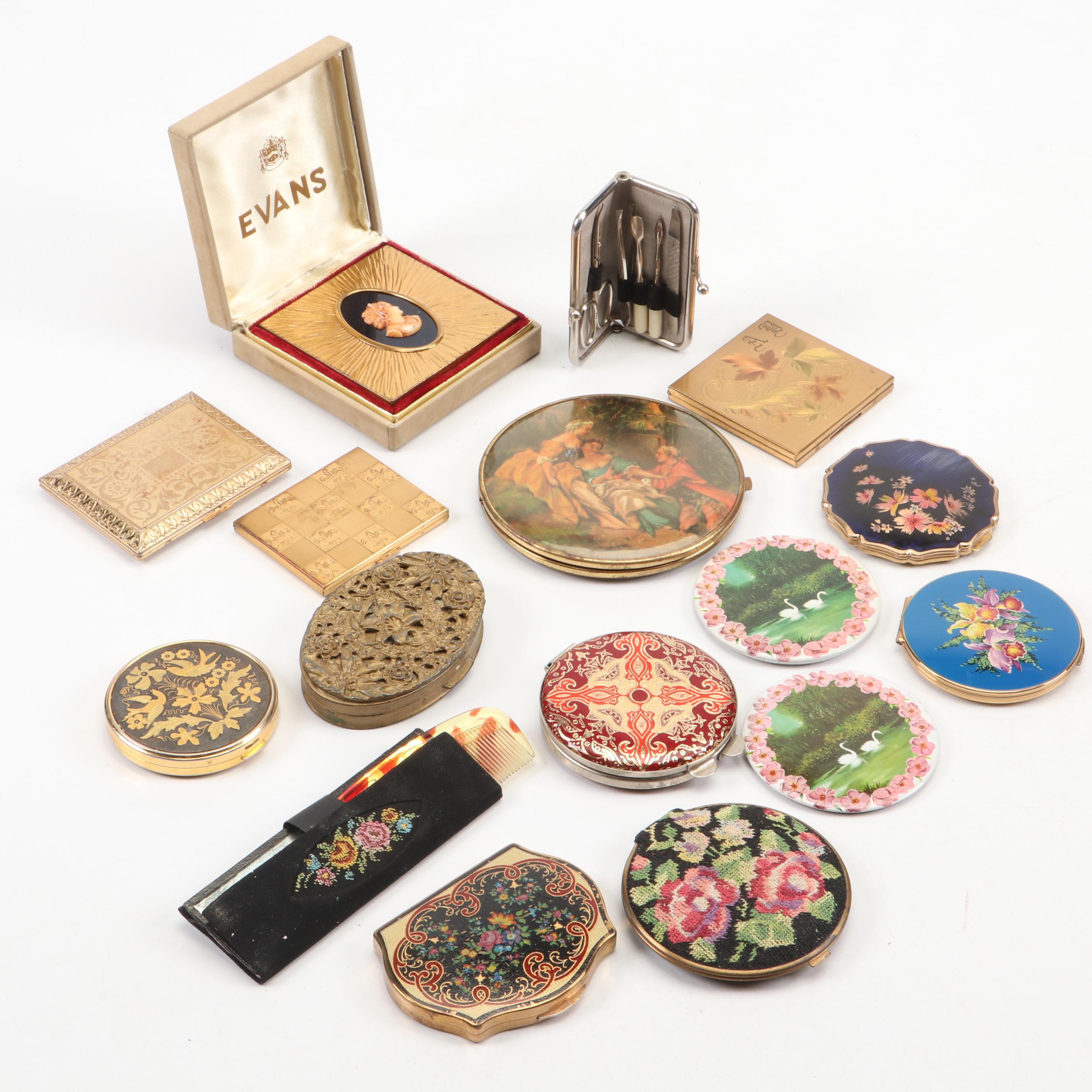 Evans Brass Cameo Powder Compact with Other Compacts, Mirrors, and ...