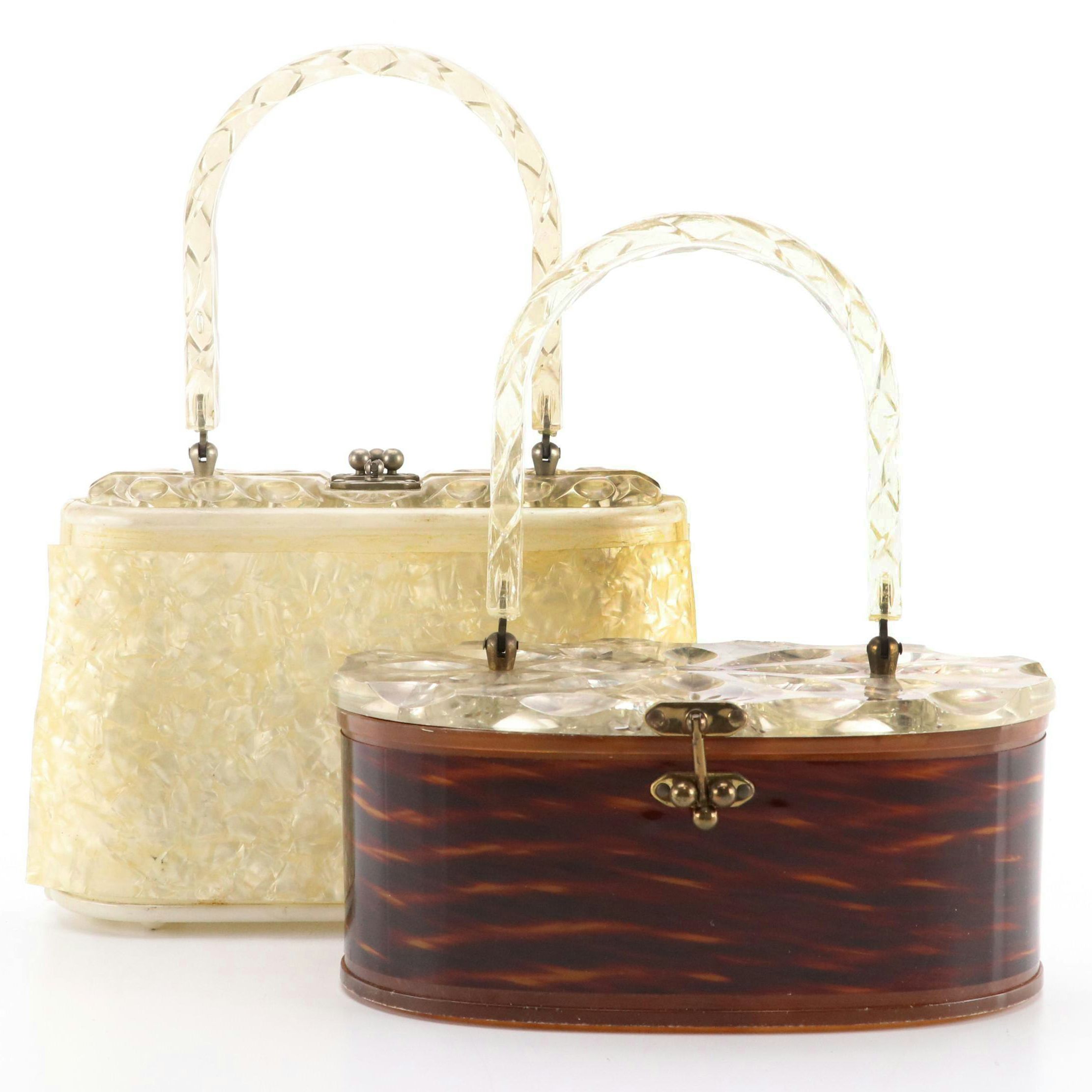 Acrylic Box Purses with Carved Celluloid Lids/Handles, Mid-20th Century ...