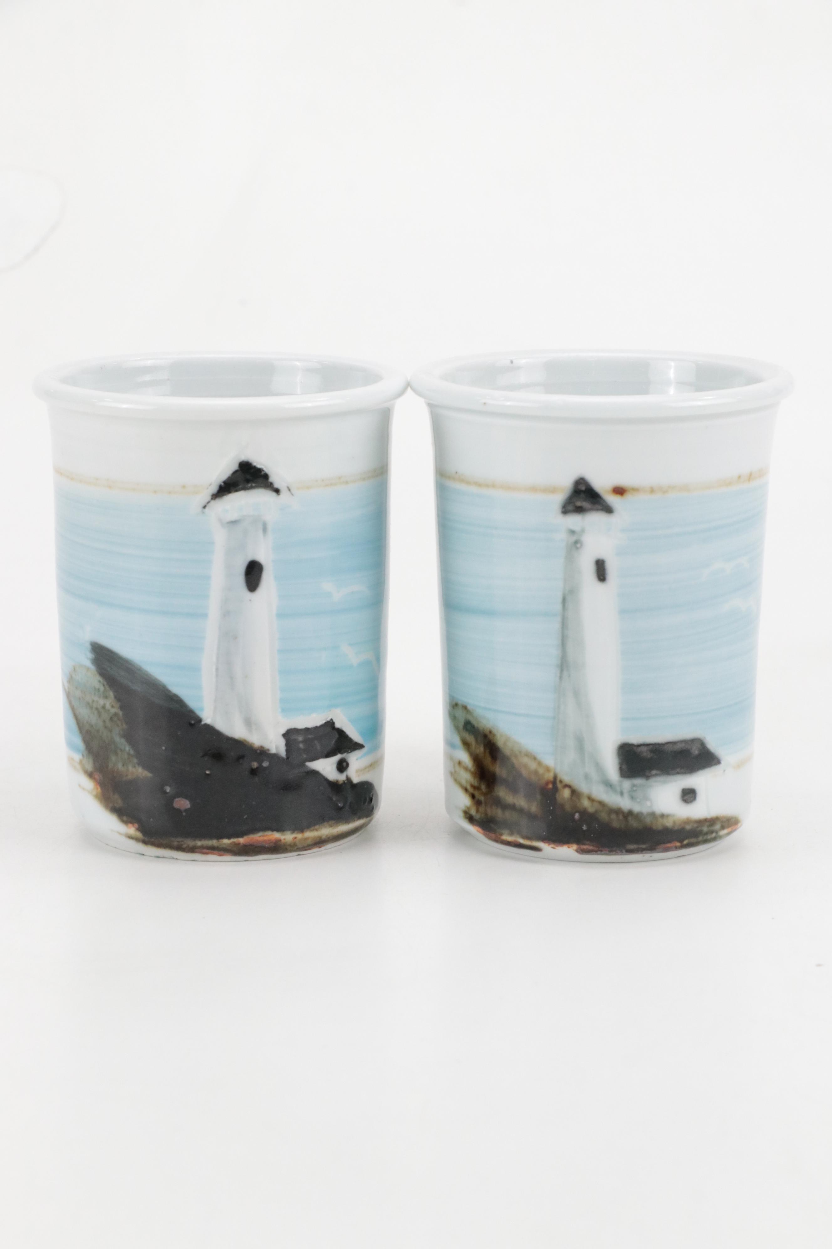 Handmade and Hand-Painted Lighthouse Dip Chip Tray and Mugs | EBTH