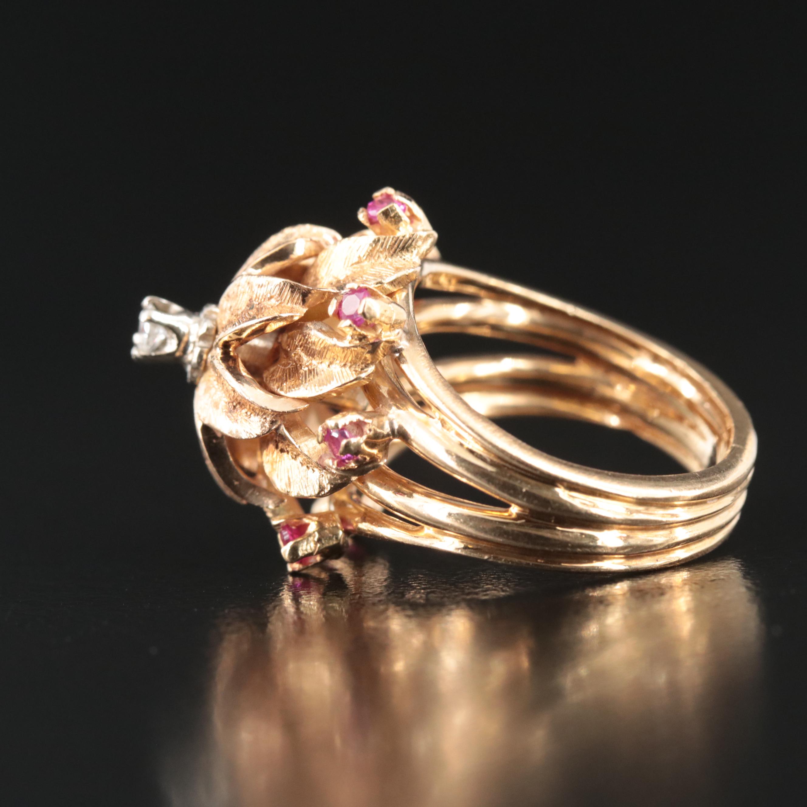 Vintage 18K Diamond and Ruby Flower Ring | Everything But The House