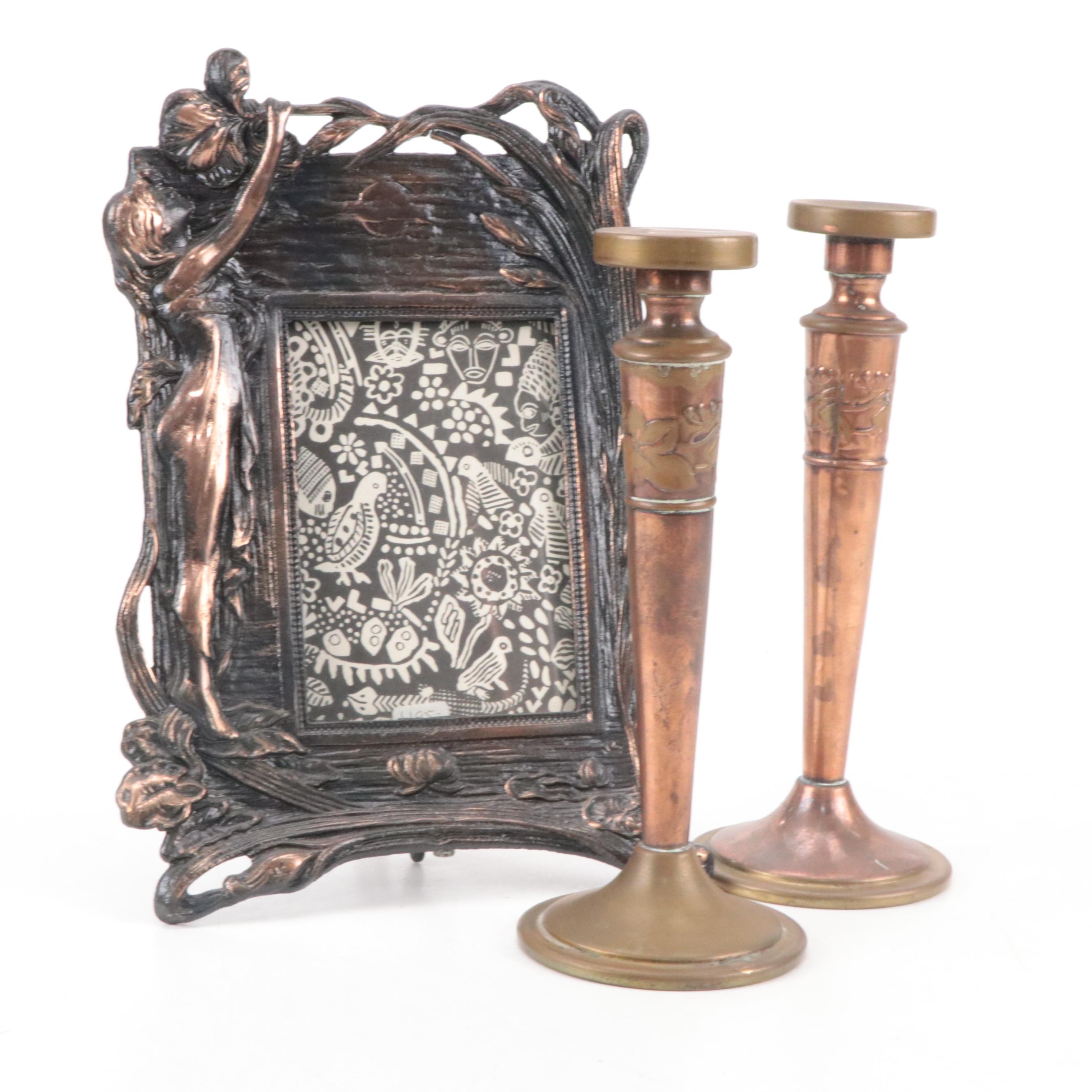 Art Nouveau Style Cast Metal Picture Frame with Pair of Candlesticks ...