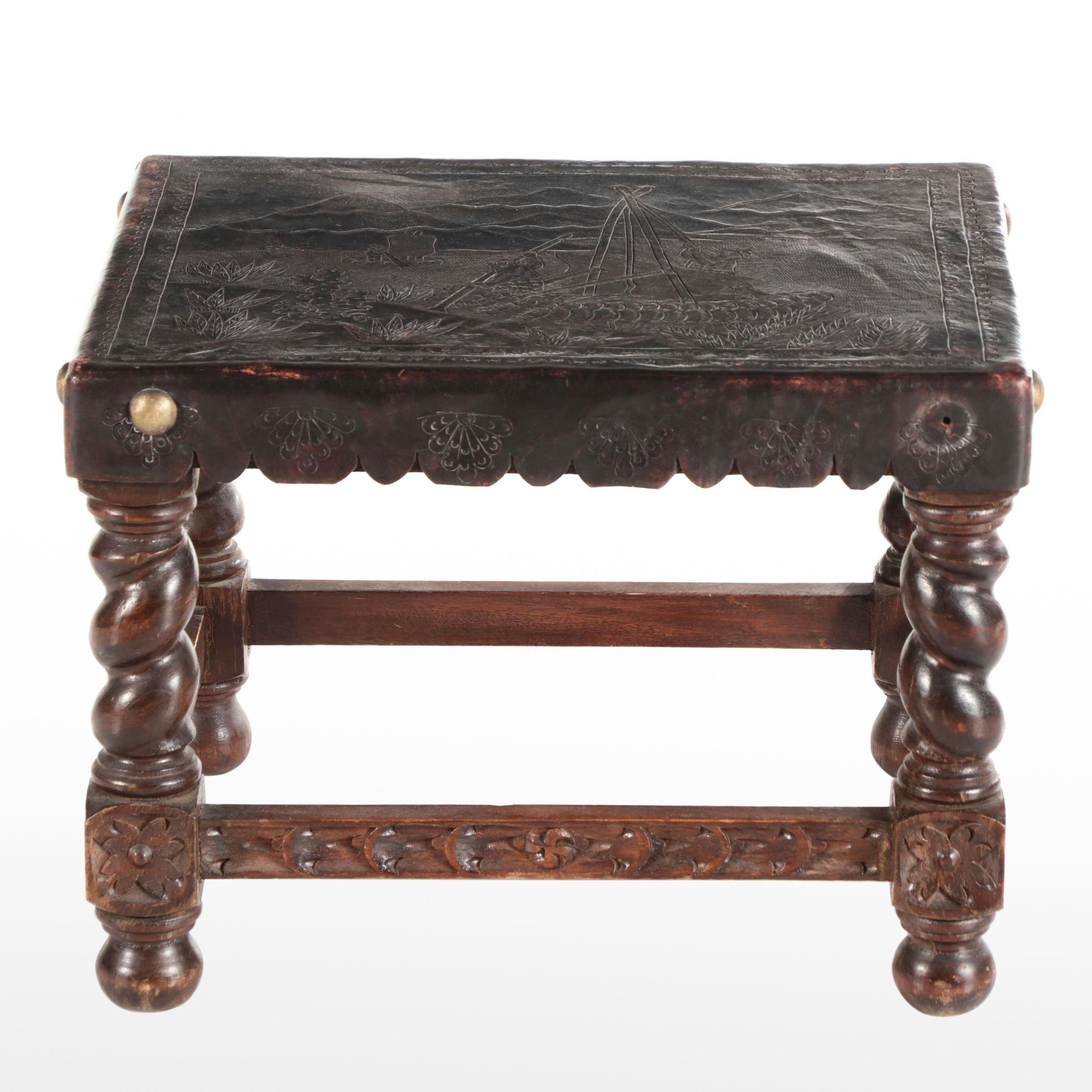 Spanish Colonial Style Carved Hardwood and Tooled Leather Stool, Late ...