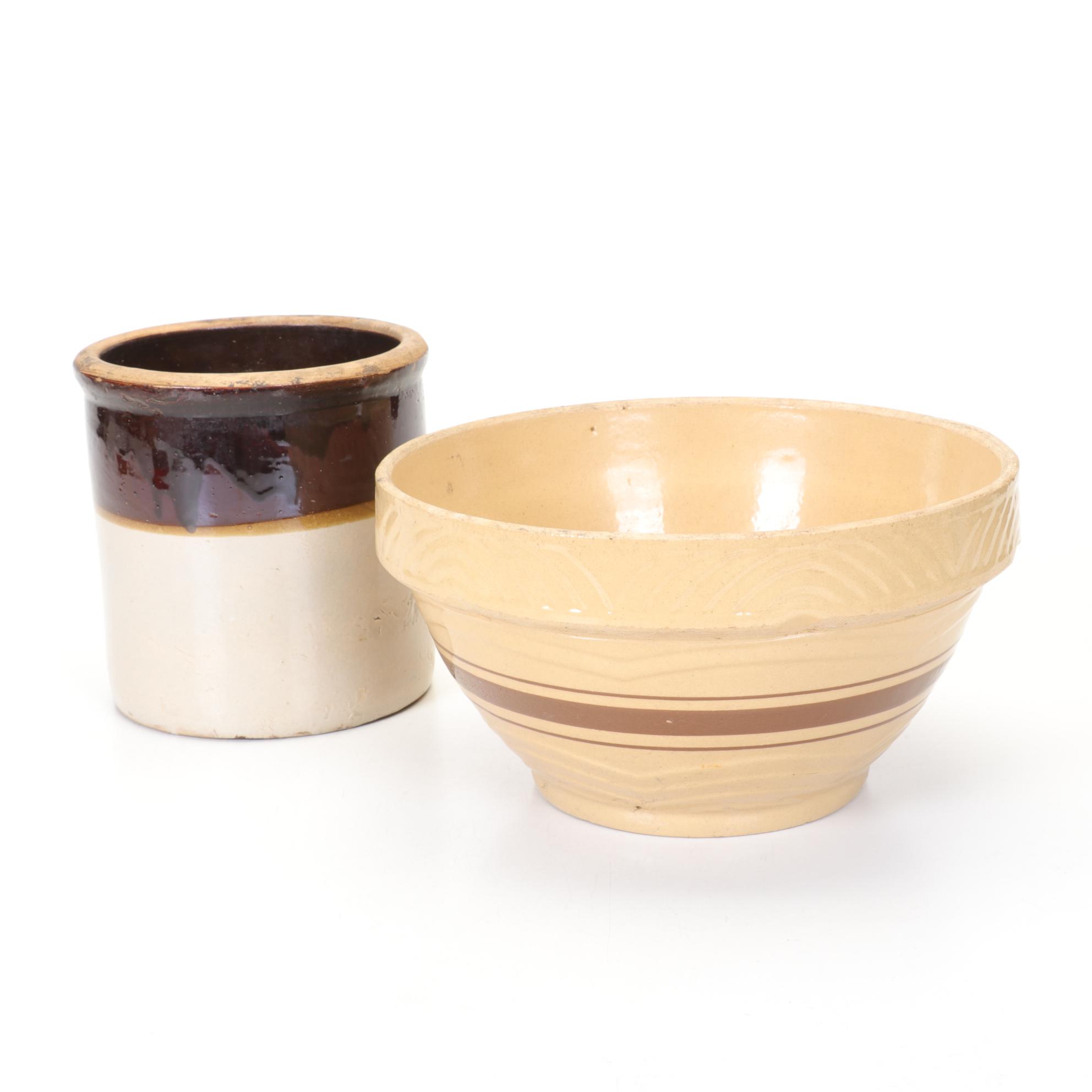 Yelloware Mixing Bowl and Glazed Stoneware Crock, Early to Mid 20th ...