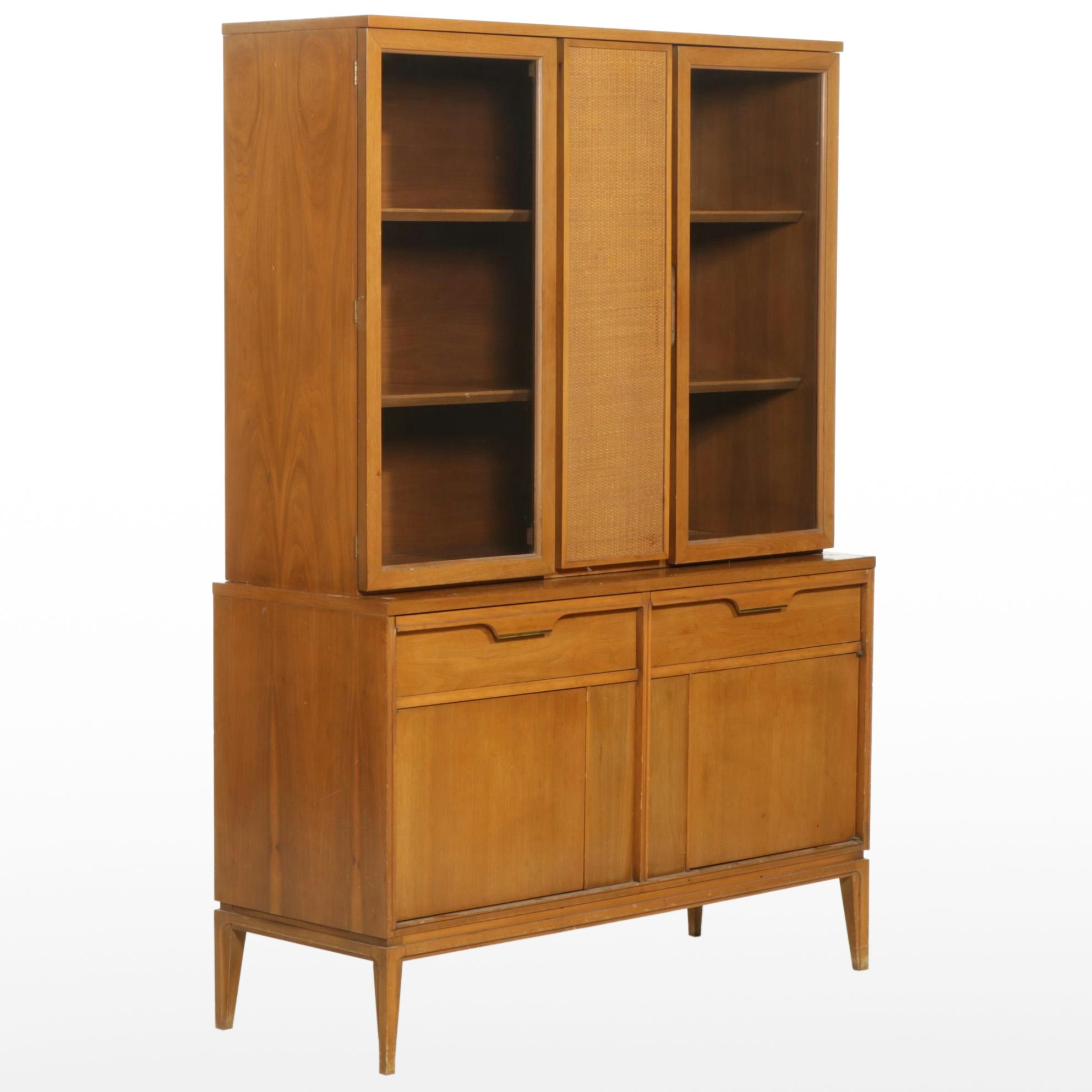 Basic-Witz Mid Century Modern Pecan China Cabinet with Woven Cane ...