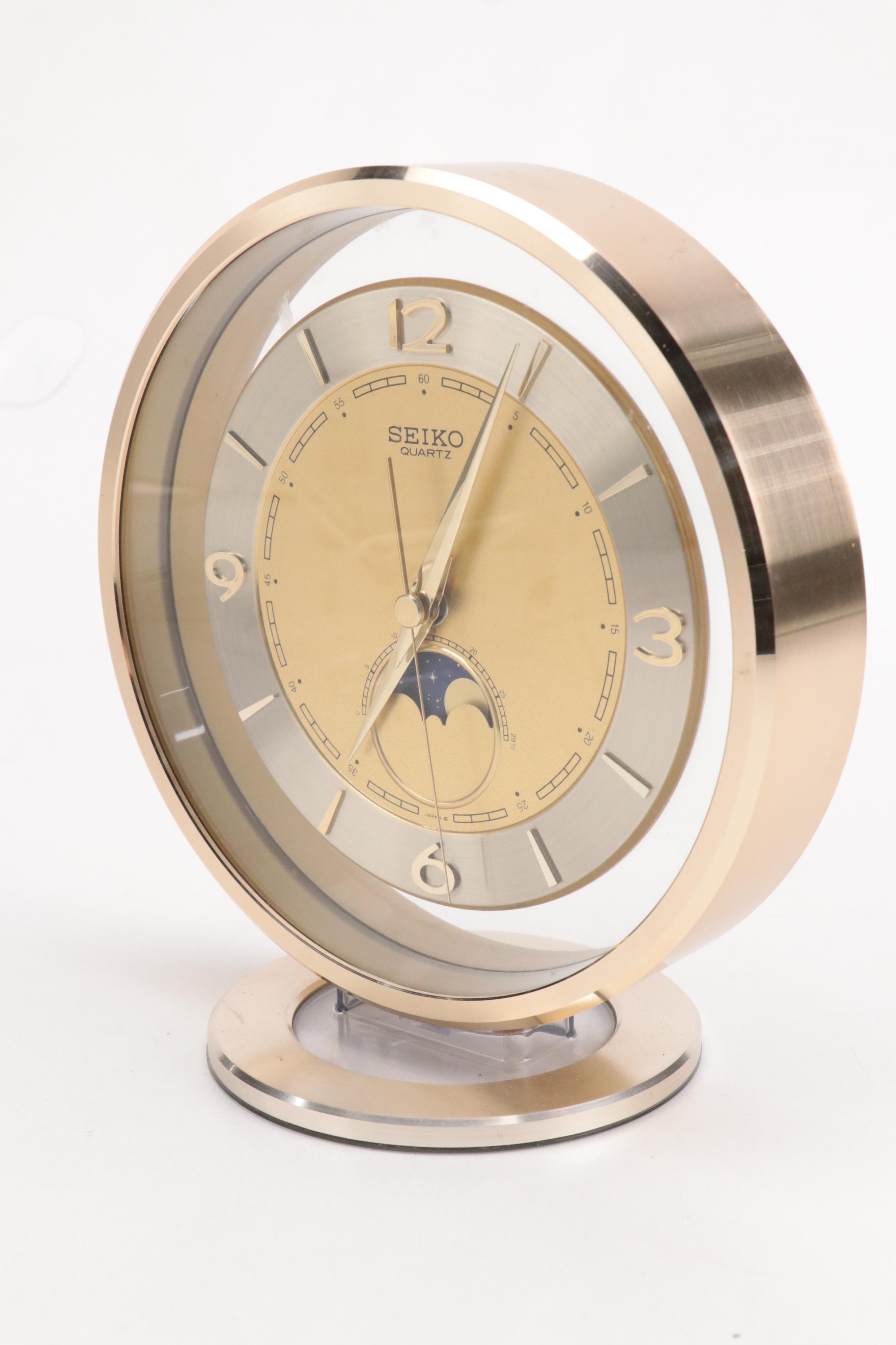 Seiko Brass and Gold Moon Phase Quartz Desk Clock | EBTH
