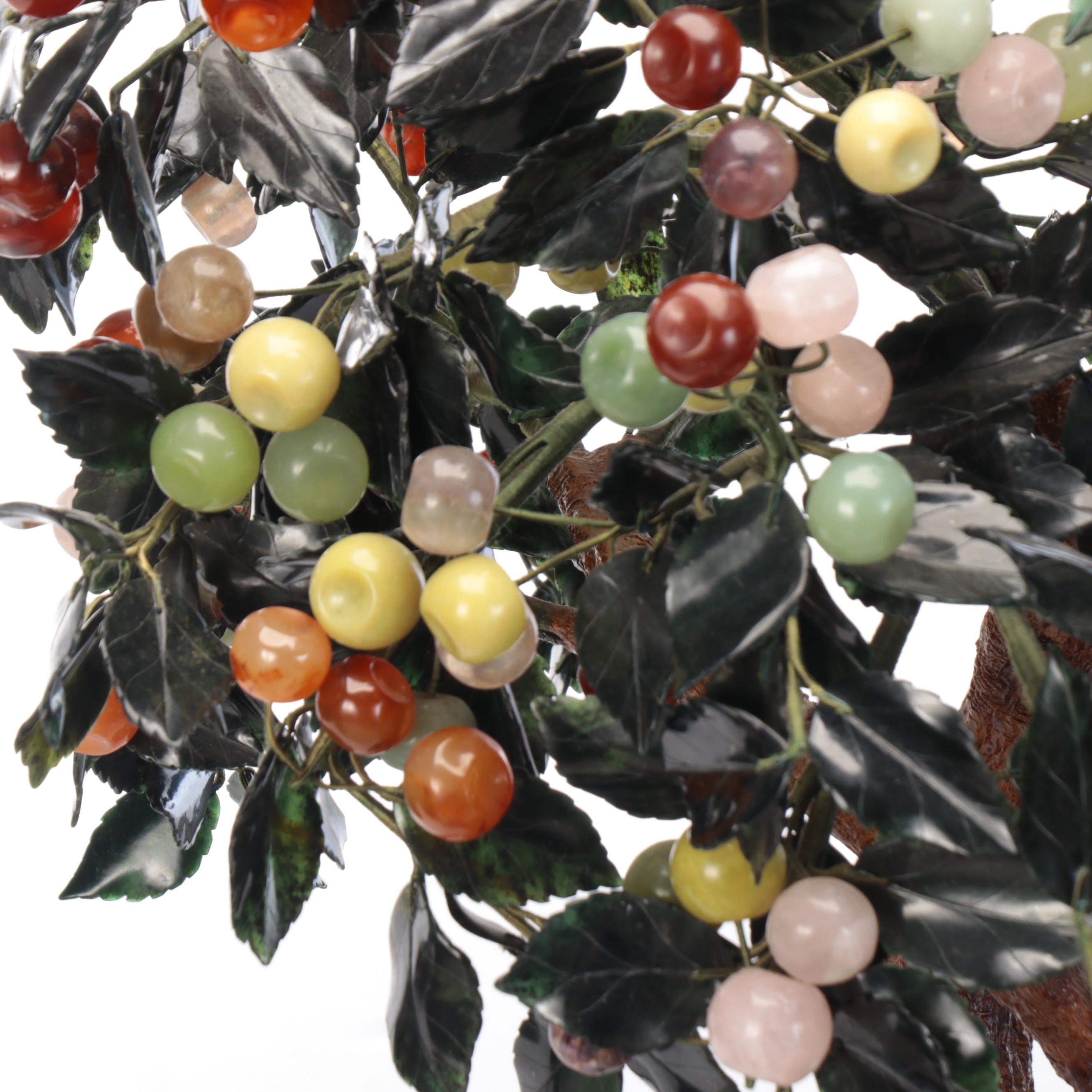 Chinese Serpentine and Gemstone Bonsai Trees with Cloisonné Enamel Pots ...