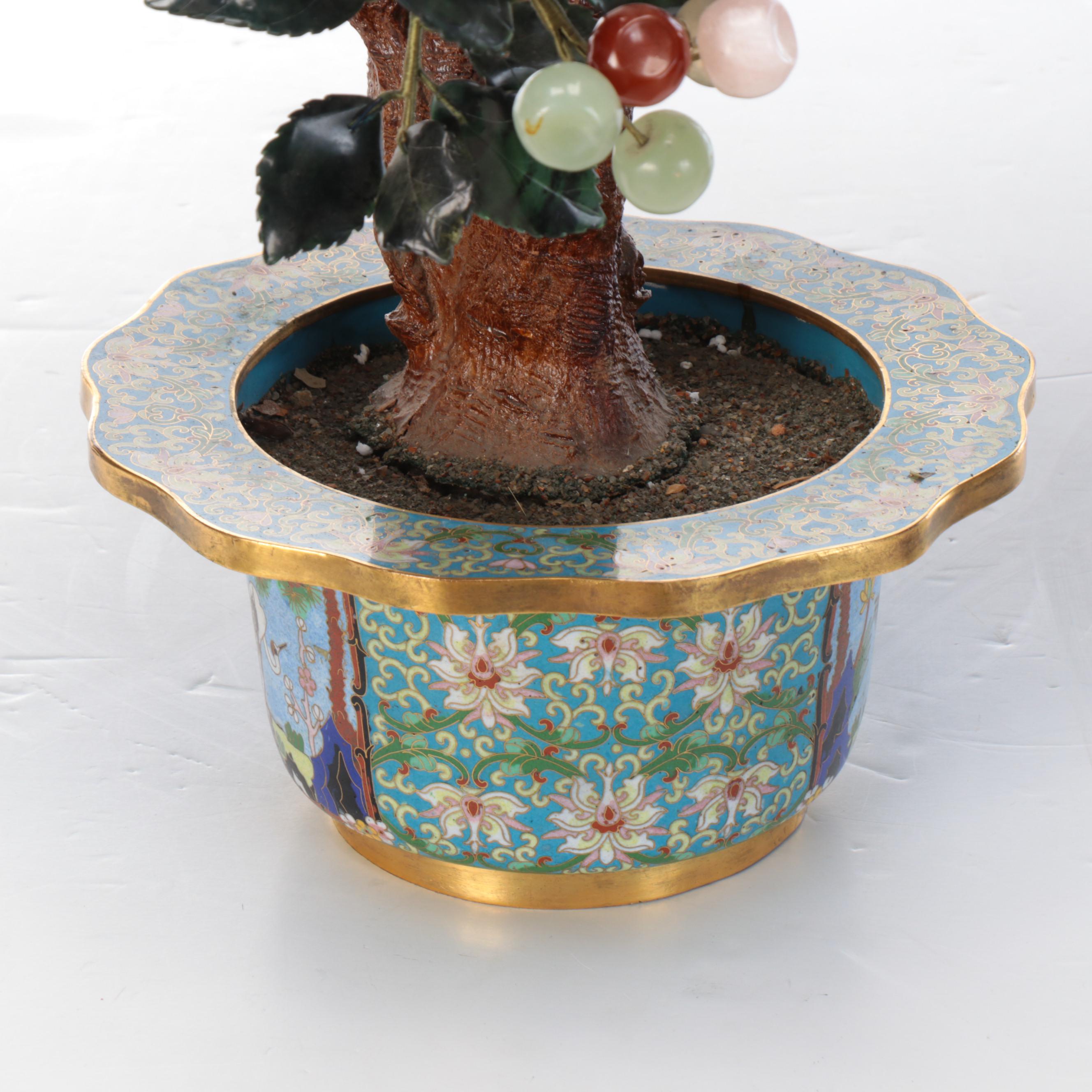 Chinese Serpentine and Gemstone Bonsai Trees with Cloisonné Enamel Pots ...