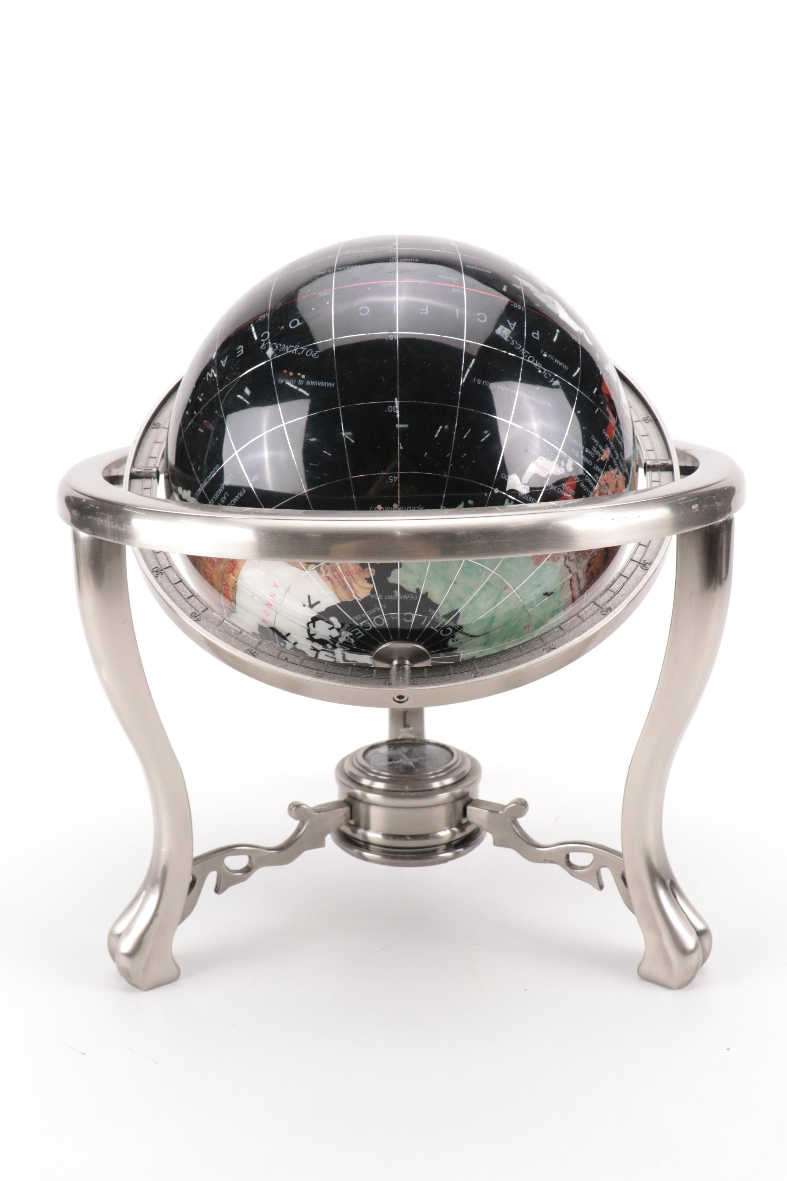 Marble, Jasper, Abalone and Gemstone Inlaid Globe on Nickel Finish Desk ...
